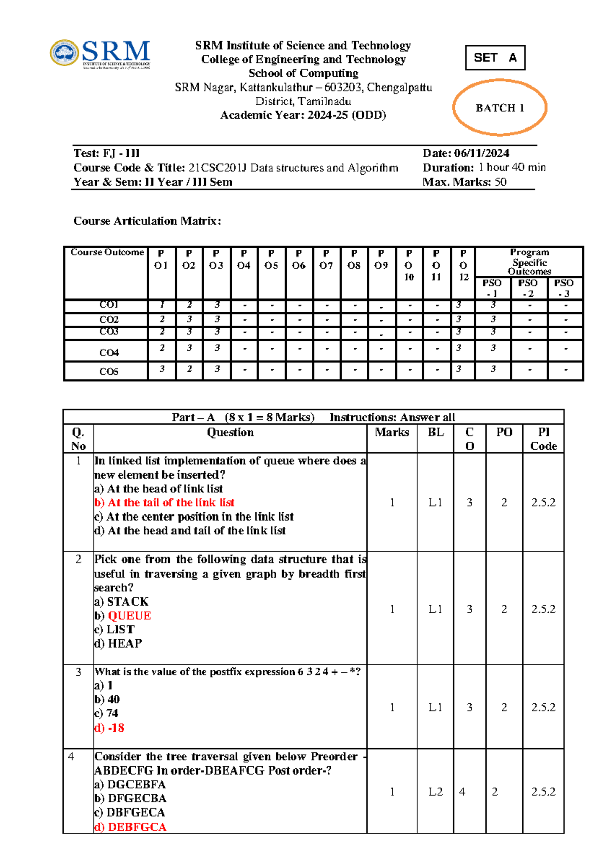 Dsa Qp Set A Key Ques Paper Srm Institute Of Science And 2798