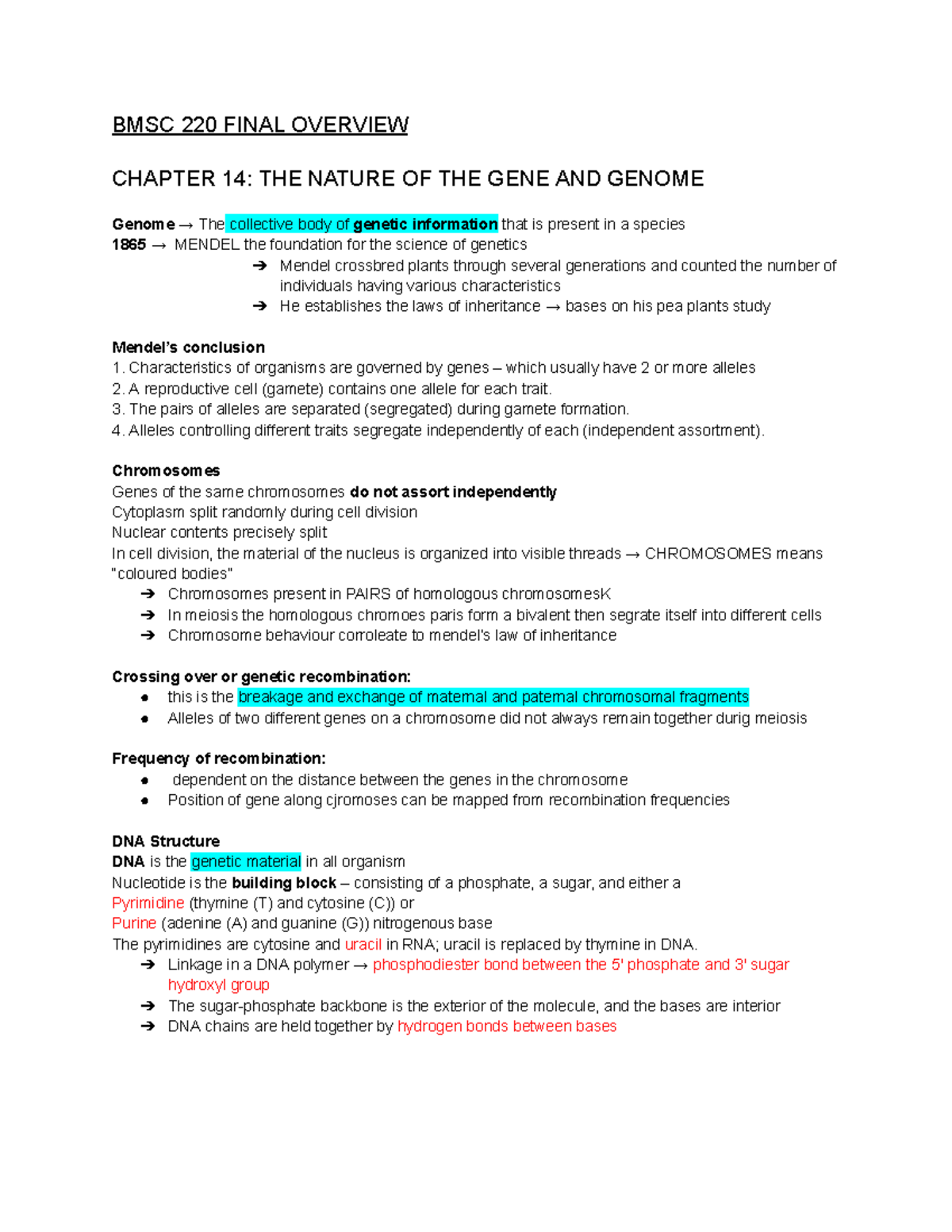 BMSC 220 chapter 14-23 - BMSC 220 FINAL OVERVIEW CHAPTER 14: THE NATURE ...