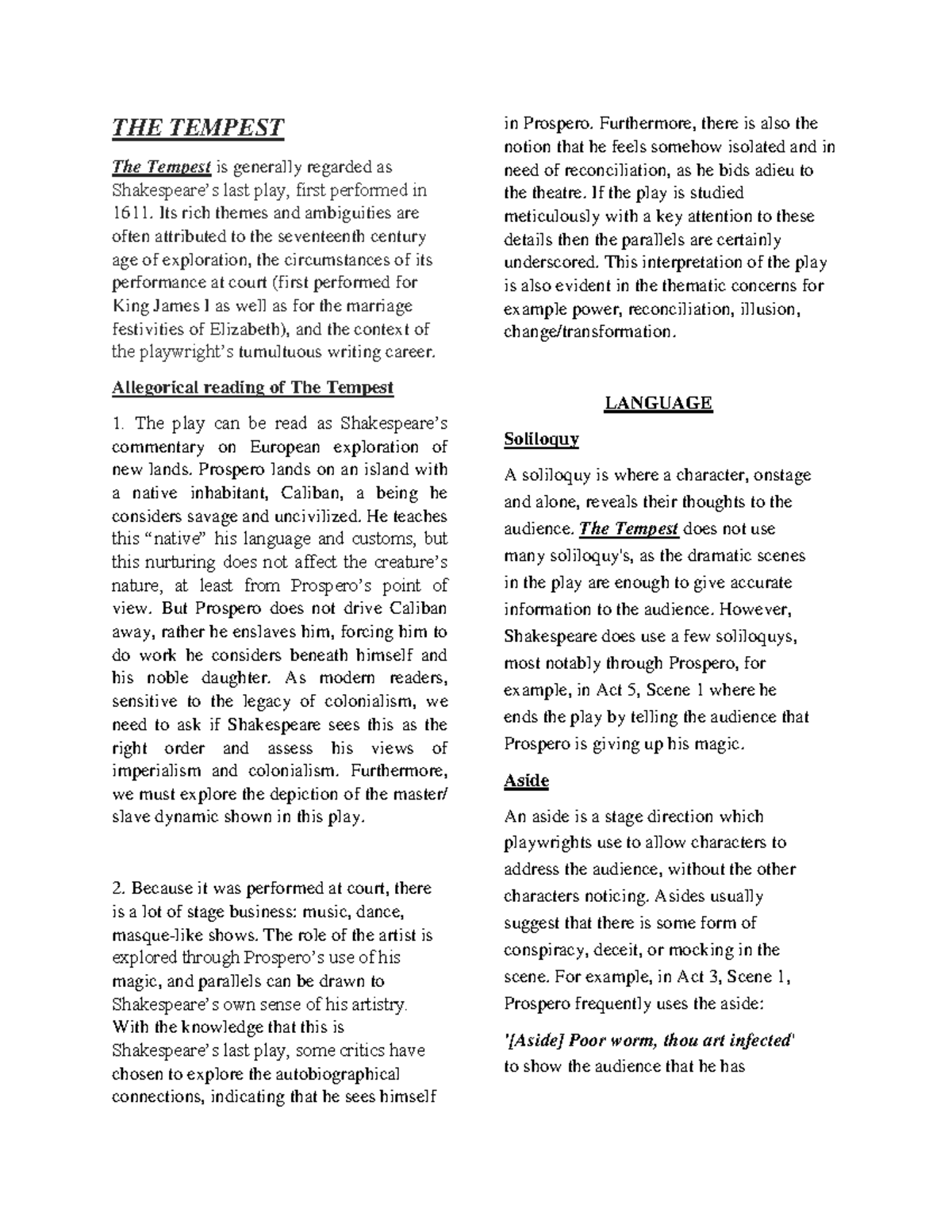 The tempest - notes - hhhhhhhhhhhhhhhhhh - THE TEMPEST The Tempest is ...