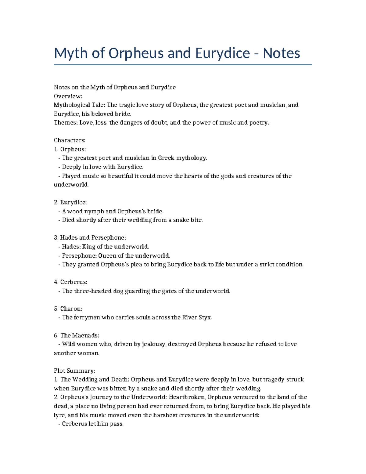 Myth of Orpheus and Eurydice Notes - Themes: Love, loss, the dangers of ...