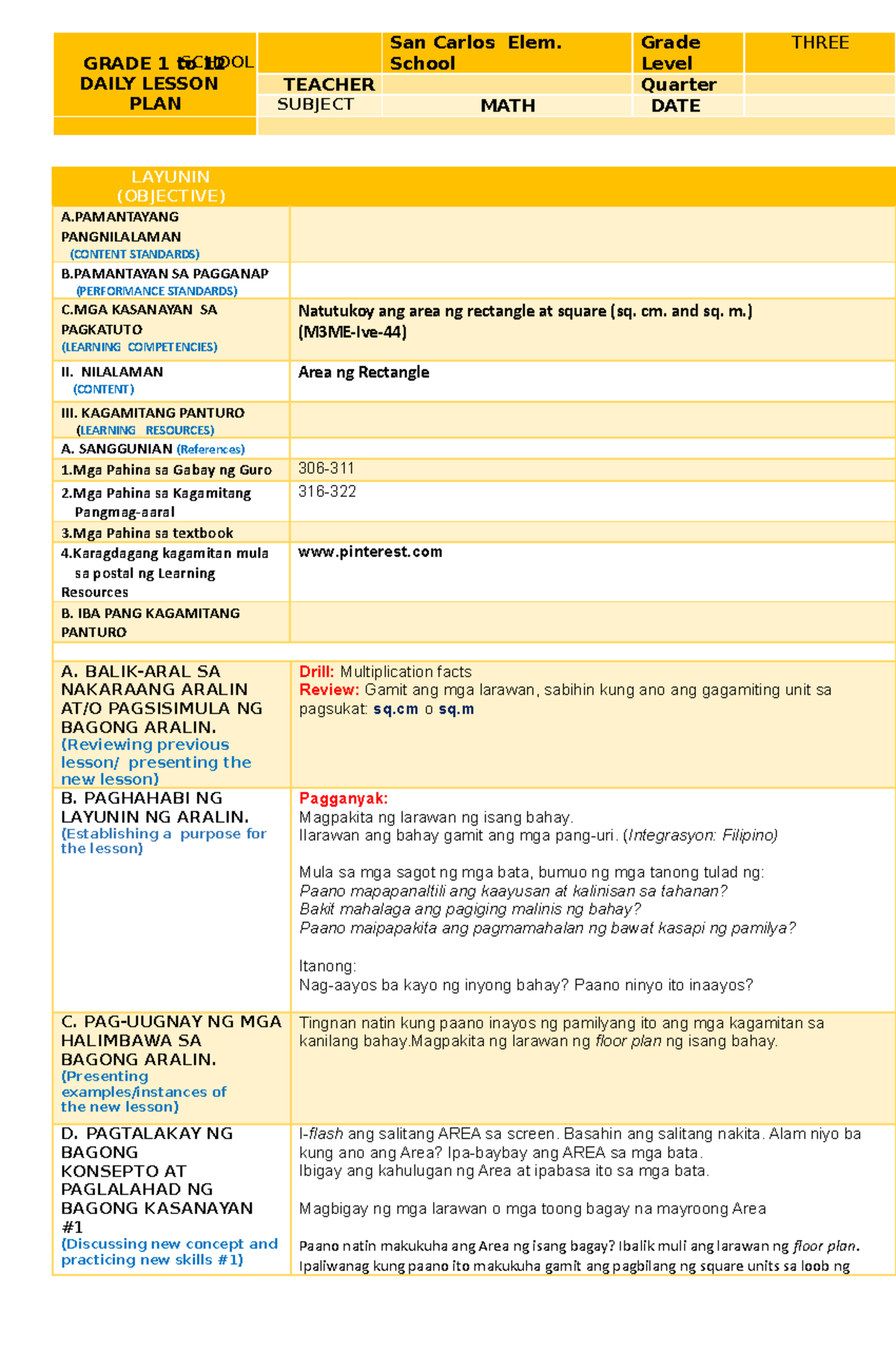 MATH 3 COT 2 Zvbnm GRADE 1 To 12 DAILY LESSON PLAN SCHOOL San