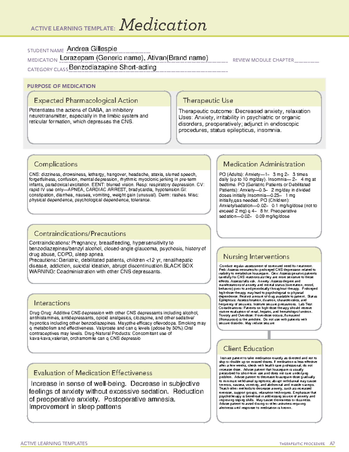 ATI Medication- ativan - ACTIVE LEARNING TEMPLATES TherapeuTic ...
