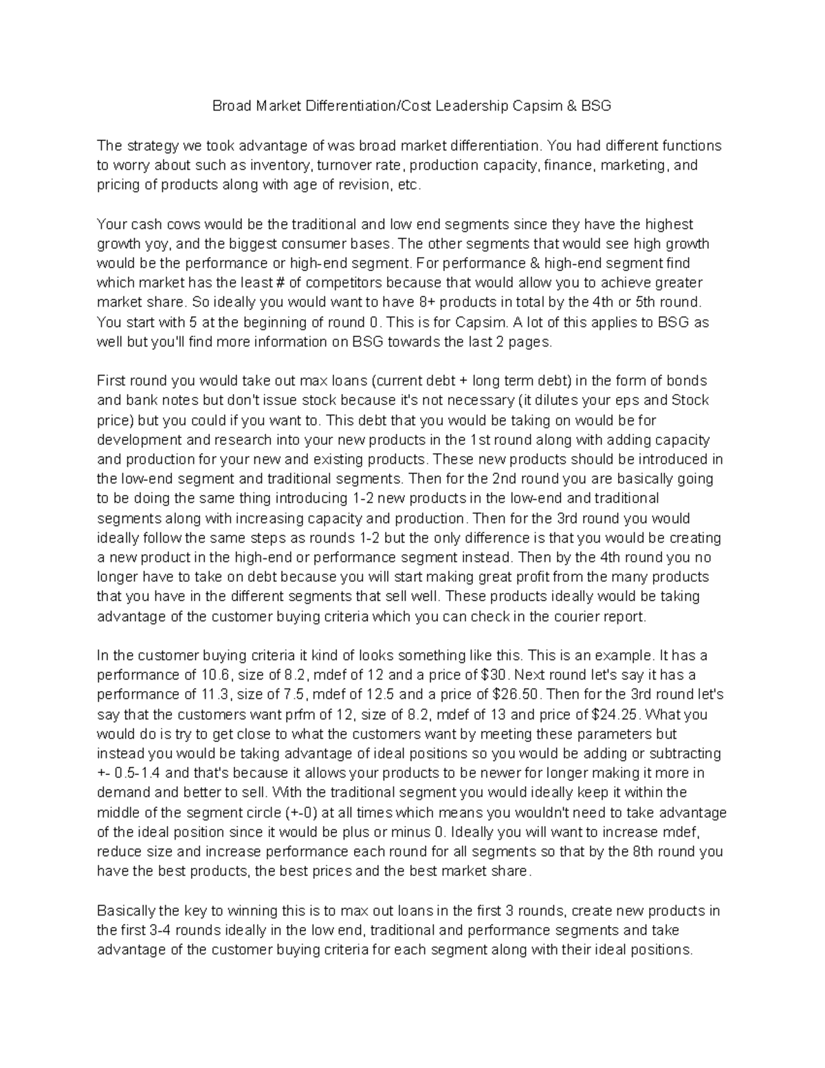 BUS 497A Business Strategy Game Broad Market Differentiation - Broad ...