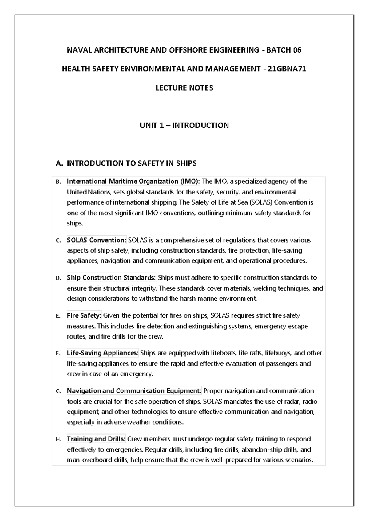 HSEM- UNIT 1 Notes - NAVAL ARCHITECTURE AND OFFSHORE ENGINEERING ...