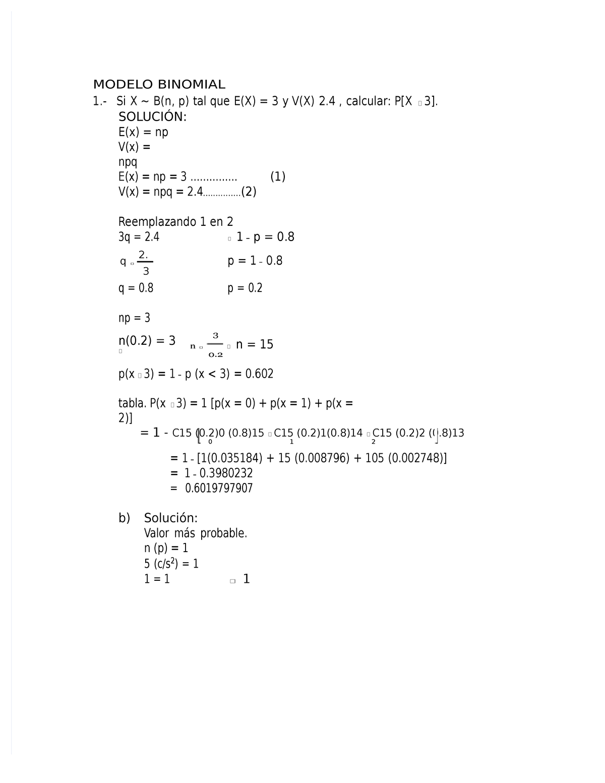 Modelo Binomial Modelo Binomial - MODELO BINOMIAL 1.- Si X ~ B(n, p ...