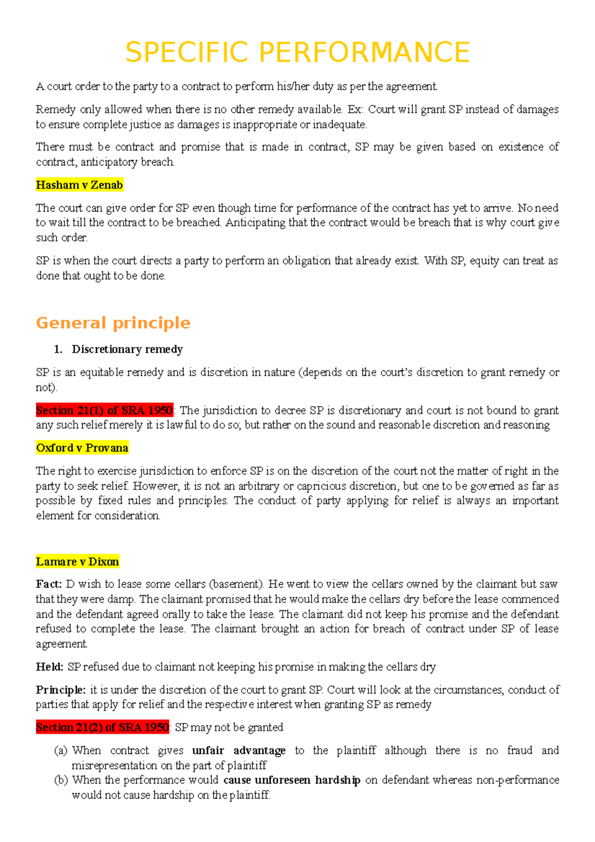 Topic 8 - Specific Performance - SPECIFIC PERFORMANCE A court order to ...