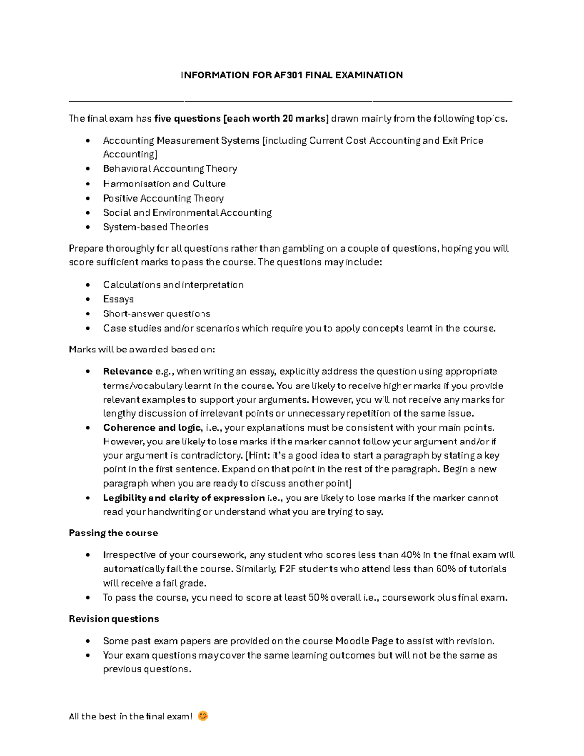 AF301 Final Examination Information - All the best in the final exam ...