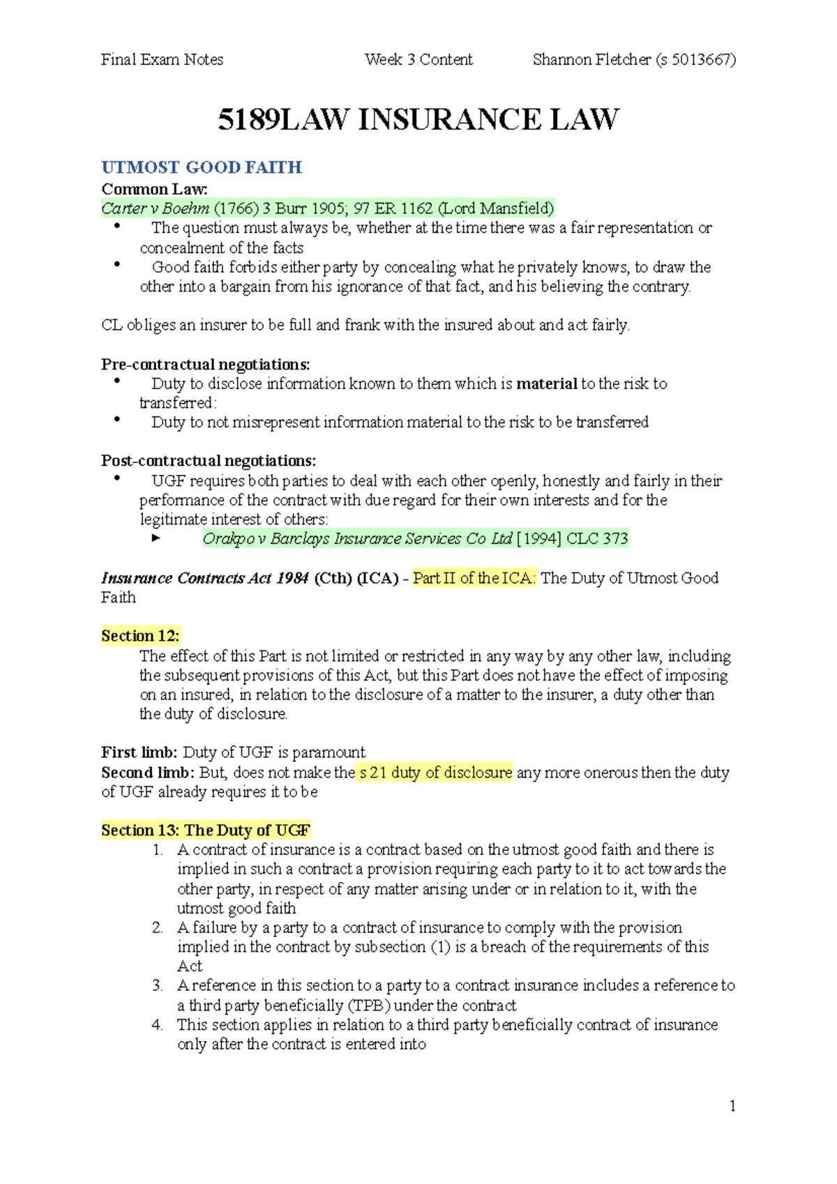 Insurance Law - Duty of Utmost Good Faith - Final Exam Notes Week 3 ...