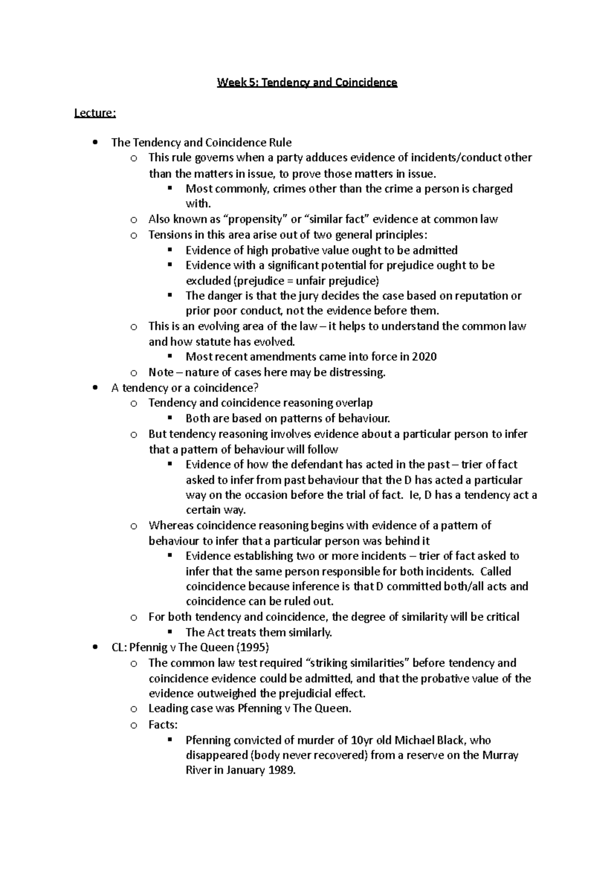 Evidence Week 5 Notes - Week 5: Tendency and Coincidence Lecture: The ...