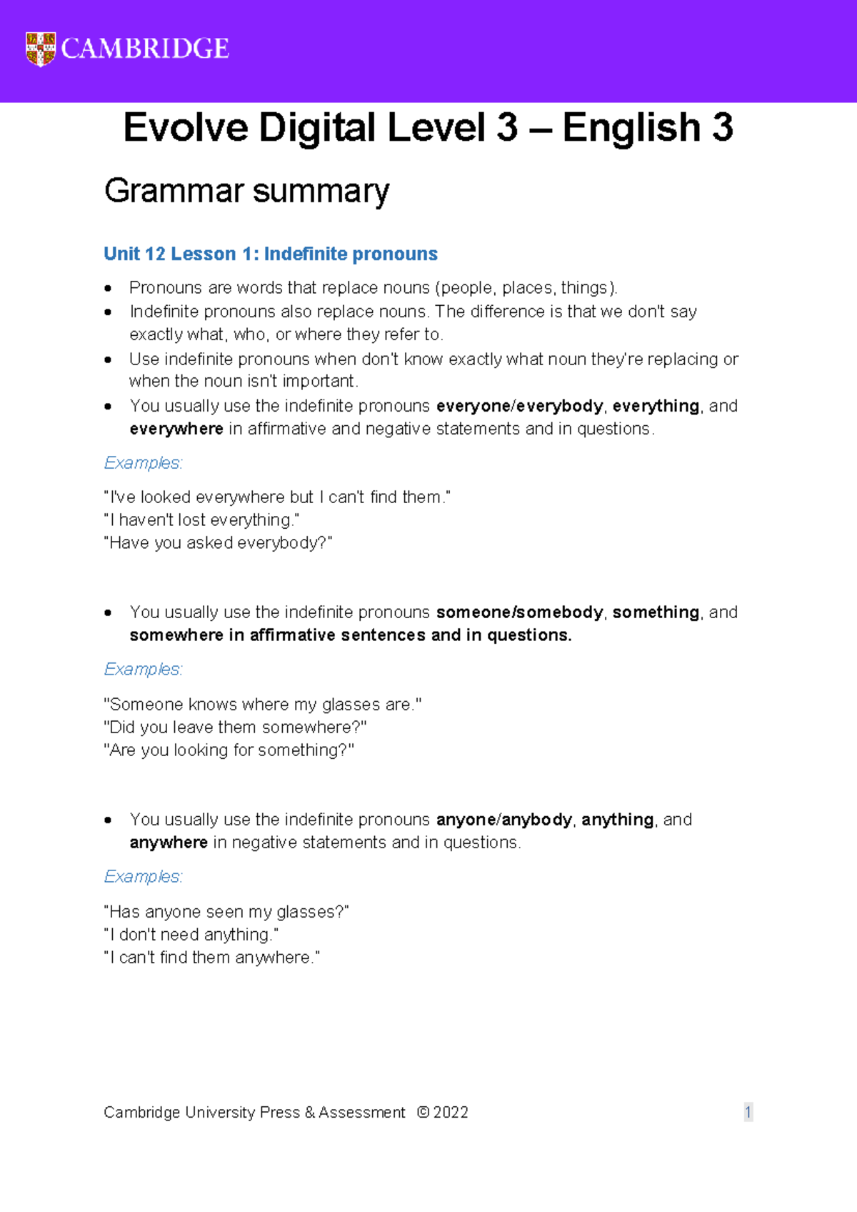 Unit 12 - E3 - Grammar - ...... - Cambridge University Press & Assessment © 2022 1 Evolve - Studocu