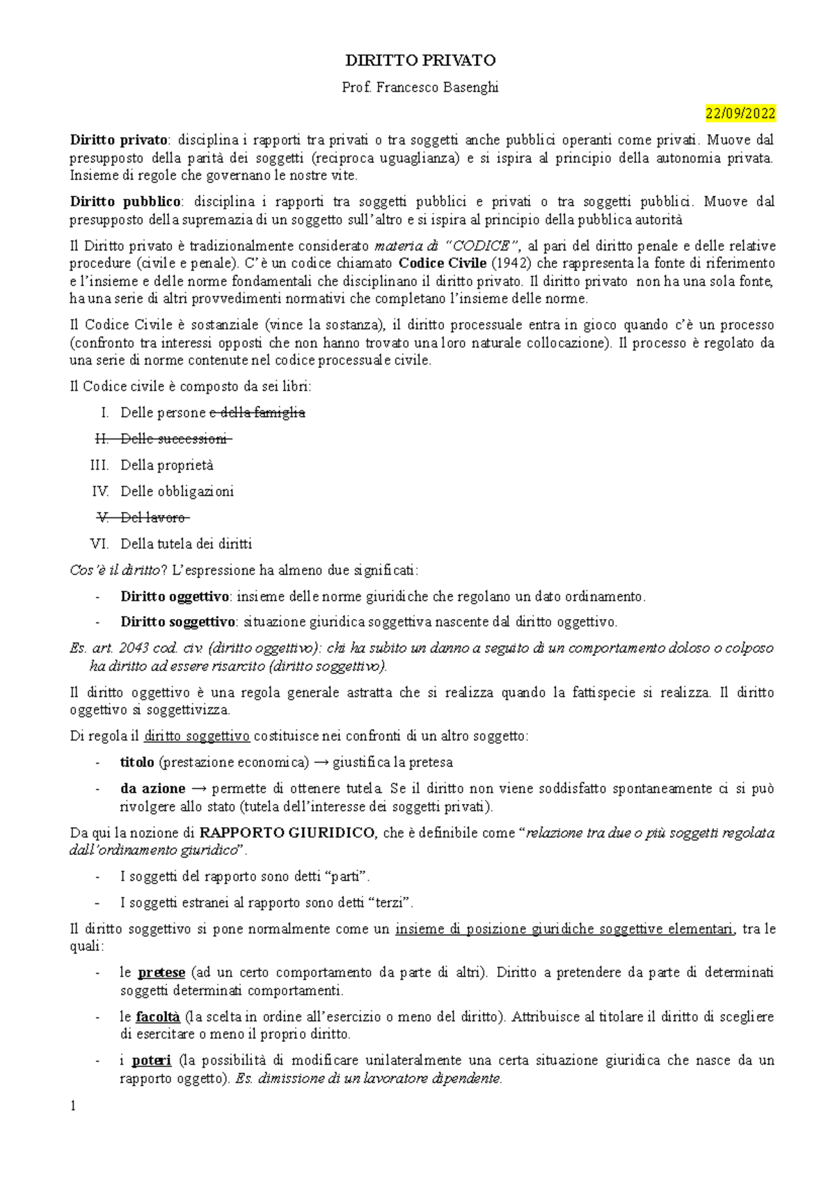 Diritto Privato - DIRITTO PRIVATO Prof. Francesco Basenghi 22/09 ...