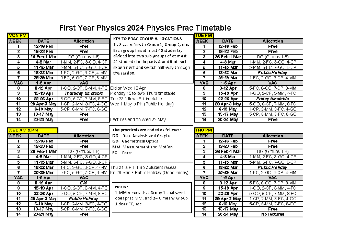 PHYS- PRAC Schedule - First Year Physics 2024 Physics Prac Timetable ...