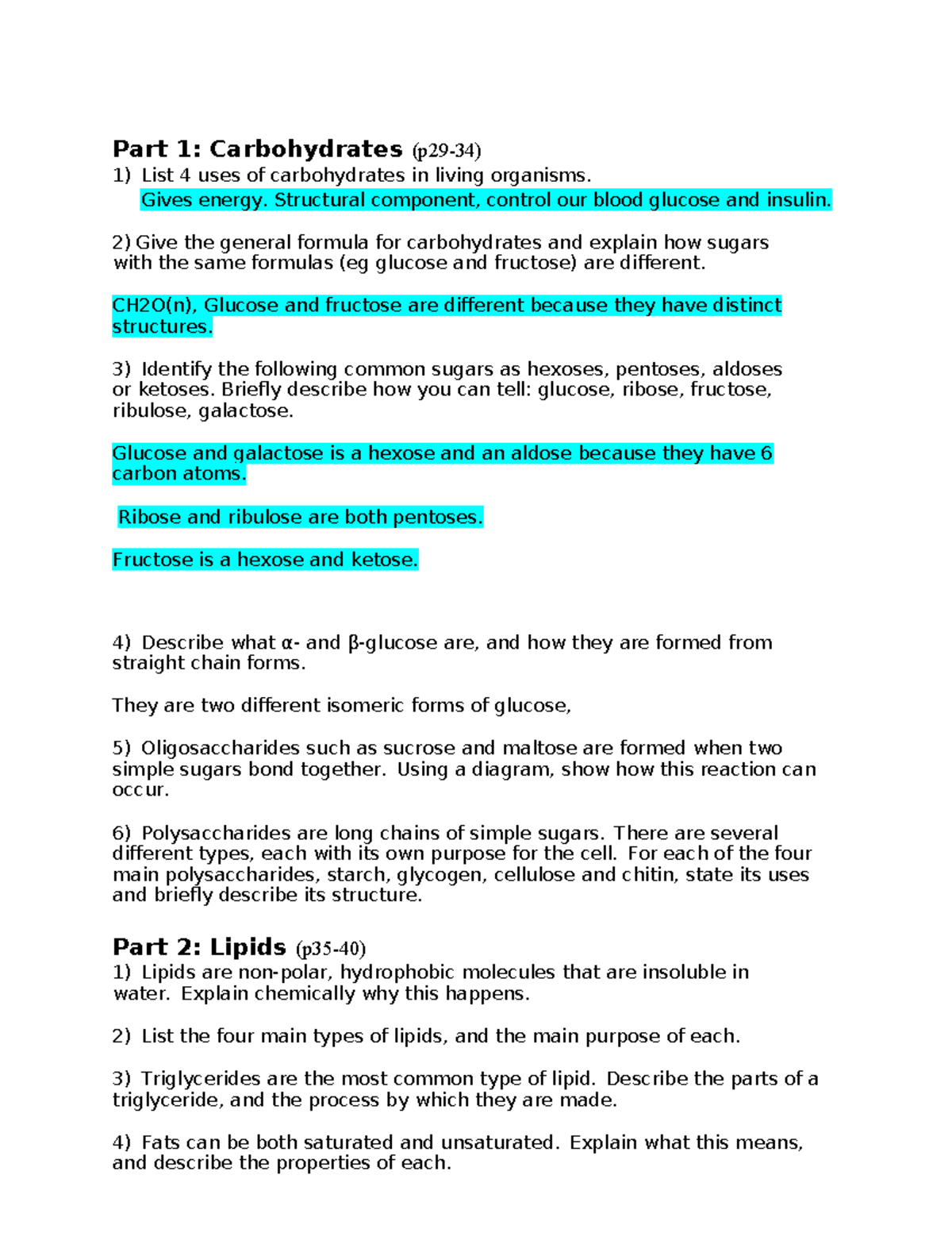 Carbohydrate and Lipid review questions - Part 1: Carbohydrates (p29-34 ...