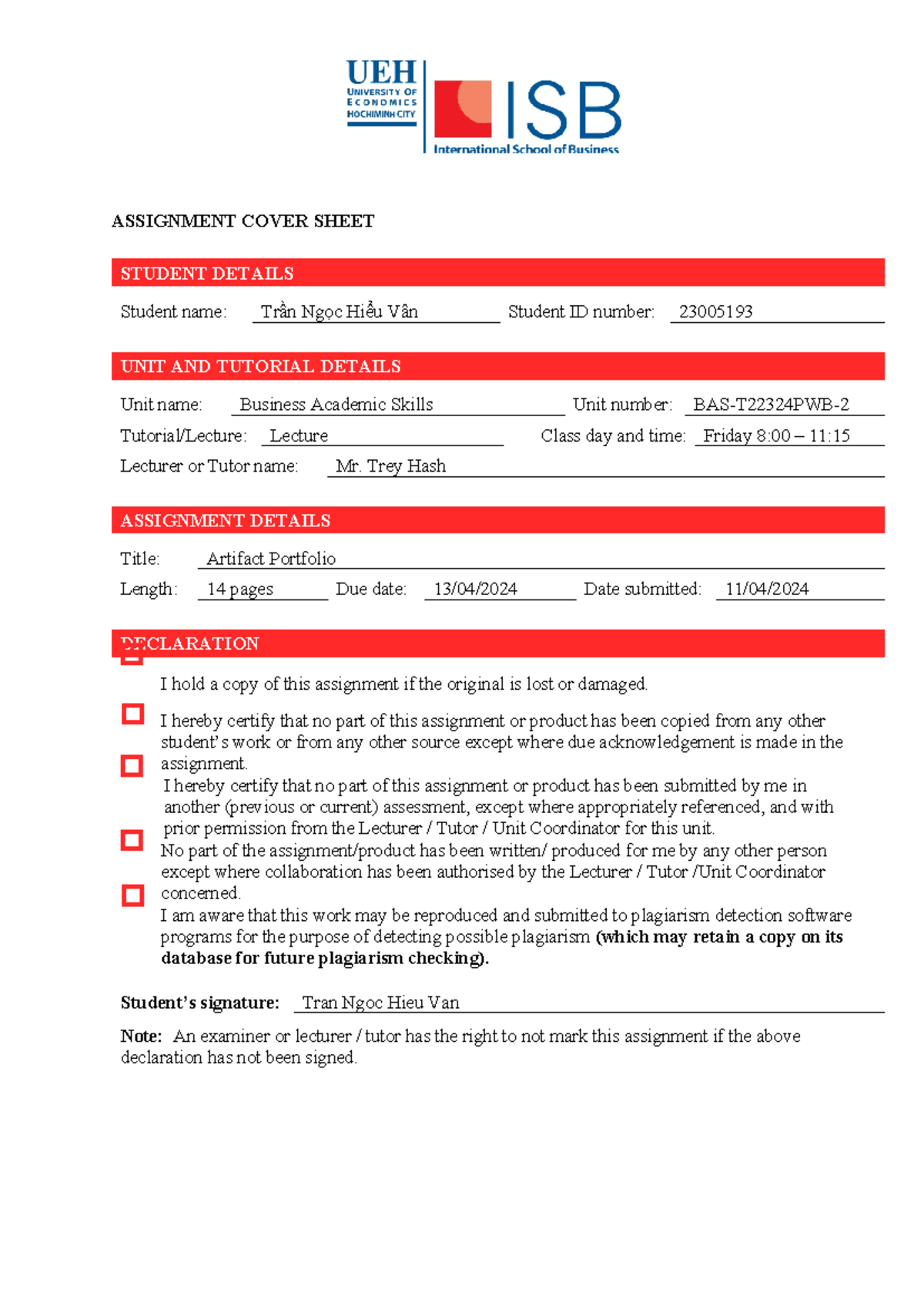 Artifact Portfolio - ASSIGNMENT COVER SHEET STUDENT DETAILS Student ...