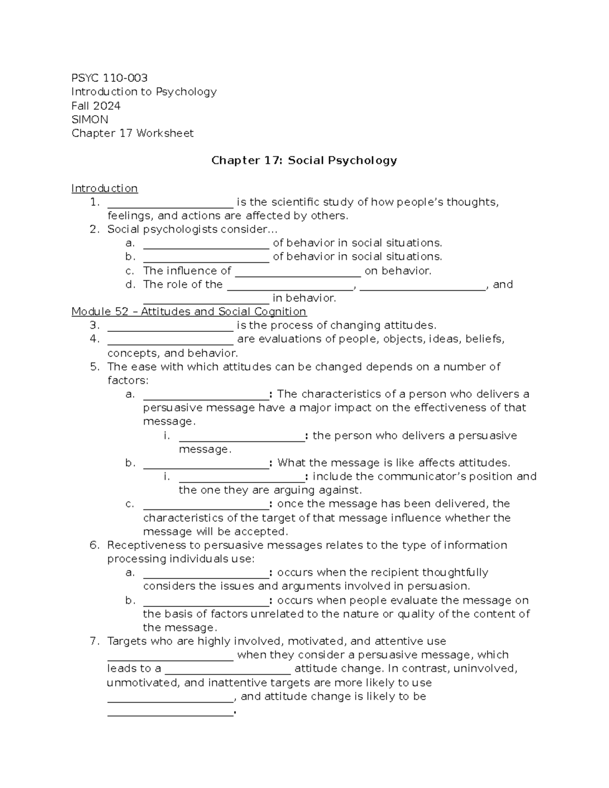 Chapter 17 Worksheet - PSYC 110- Introduction to Psychology Fall 2024 ...