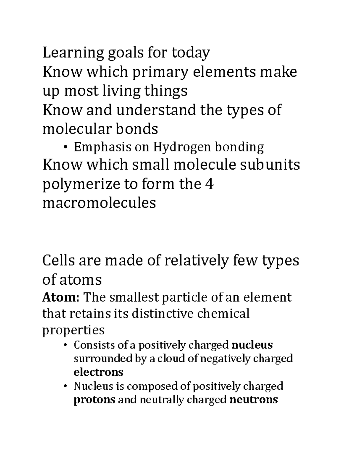 Chapter 2: Chemical Components of Cells - Learning goals for today Know ...