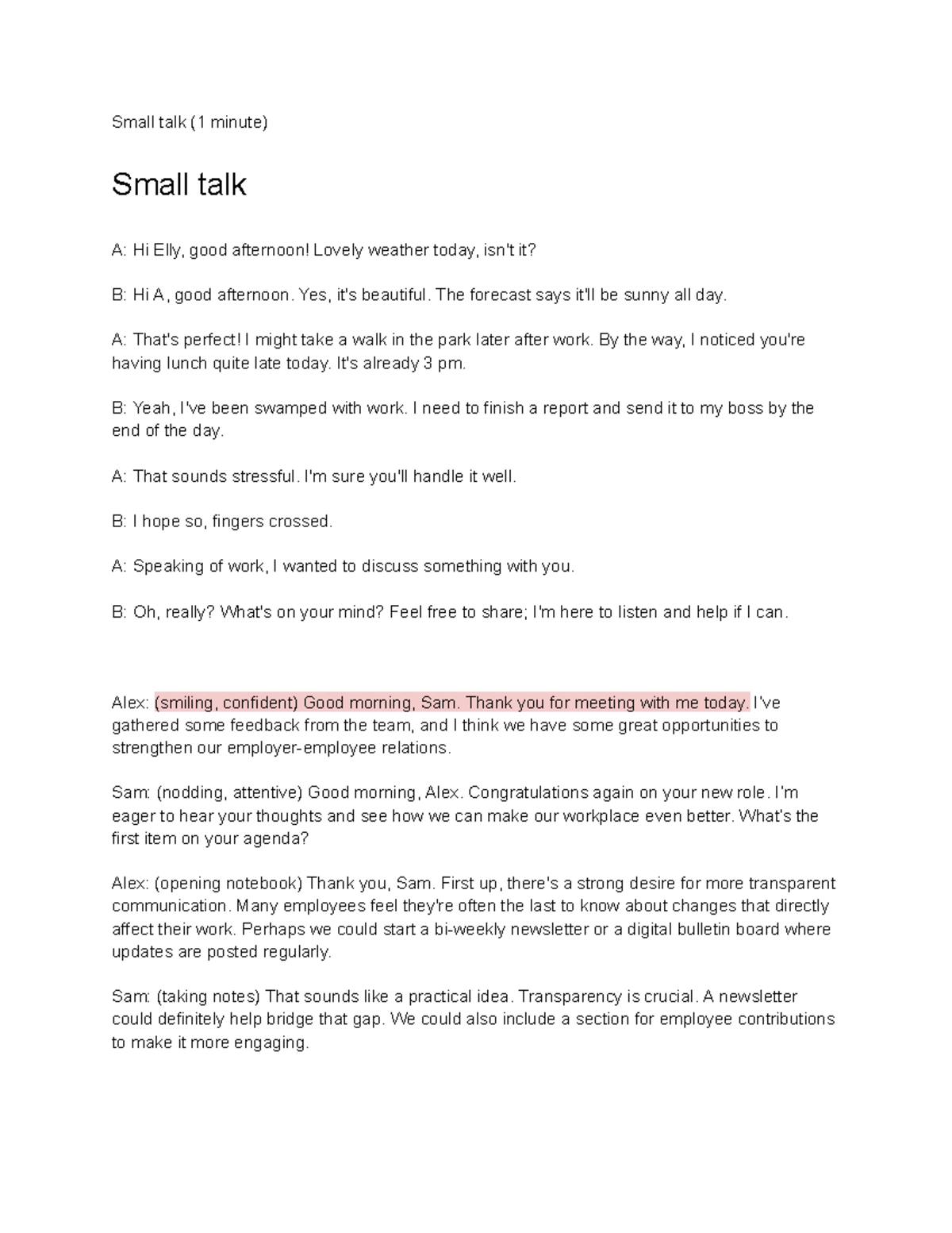 elc650 work simulation script- pair work - Small talk (1 minute) Small ...