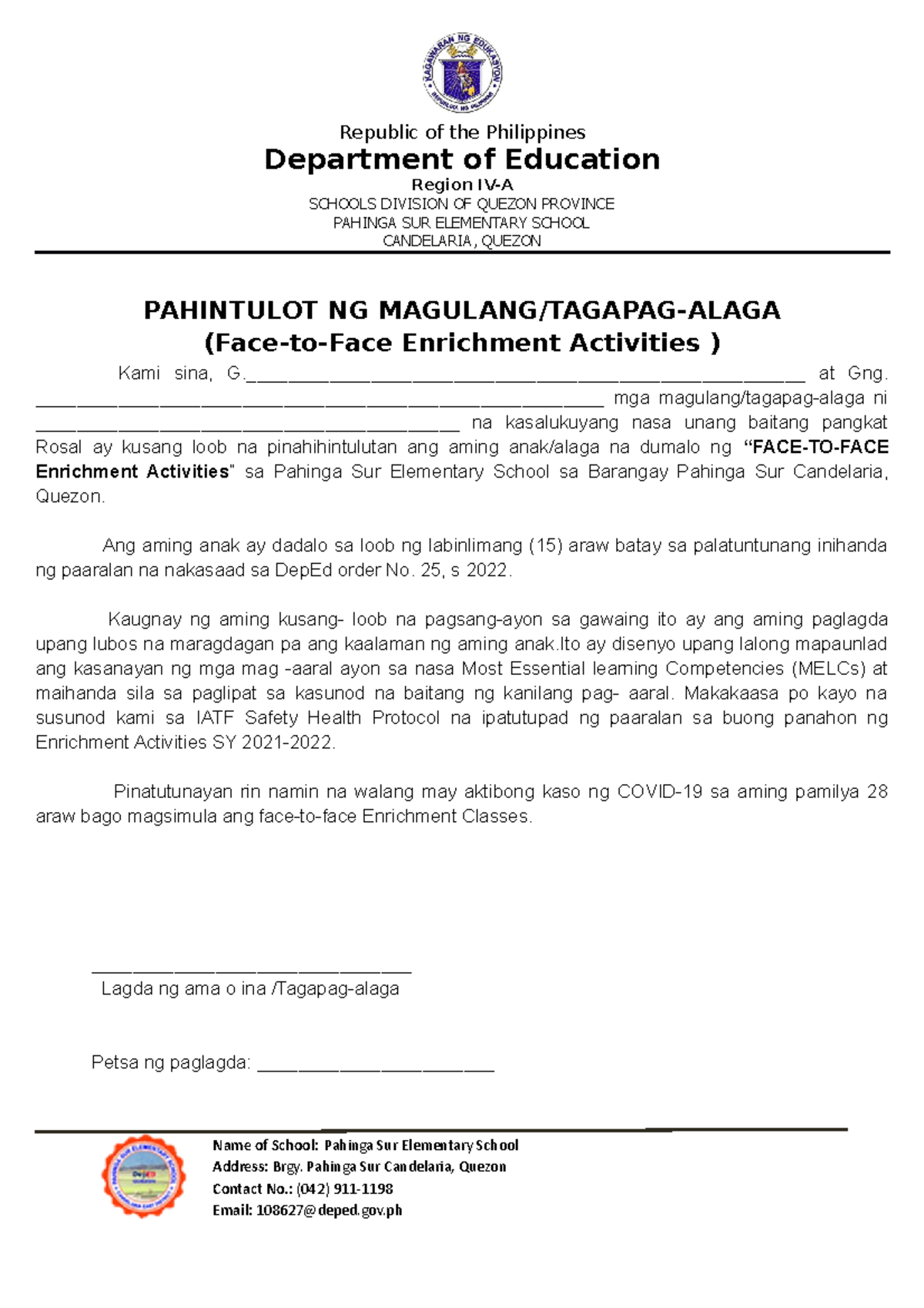 Parents Permit ON Enrichment Activities SY 2021 2022 - Republic of the ...