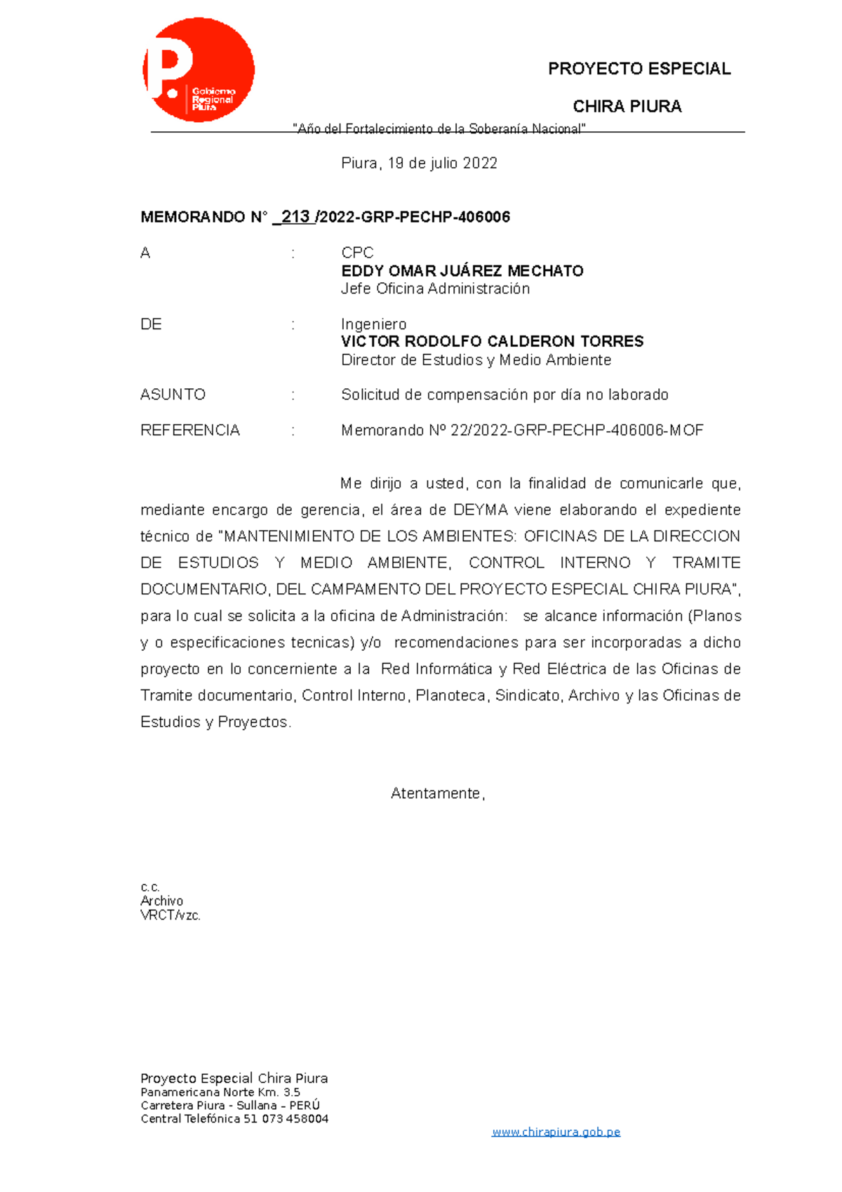 Memorando Techos DE Estudios - PROYECTO ESPECIAL CHIRA PIURA “Año del ...