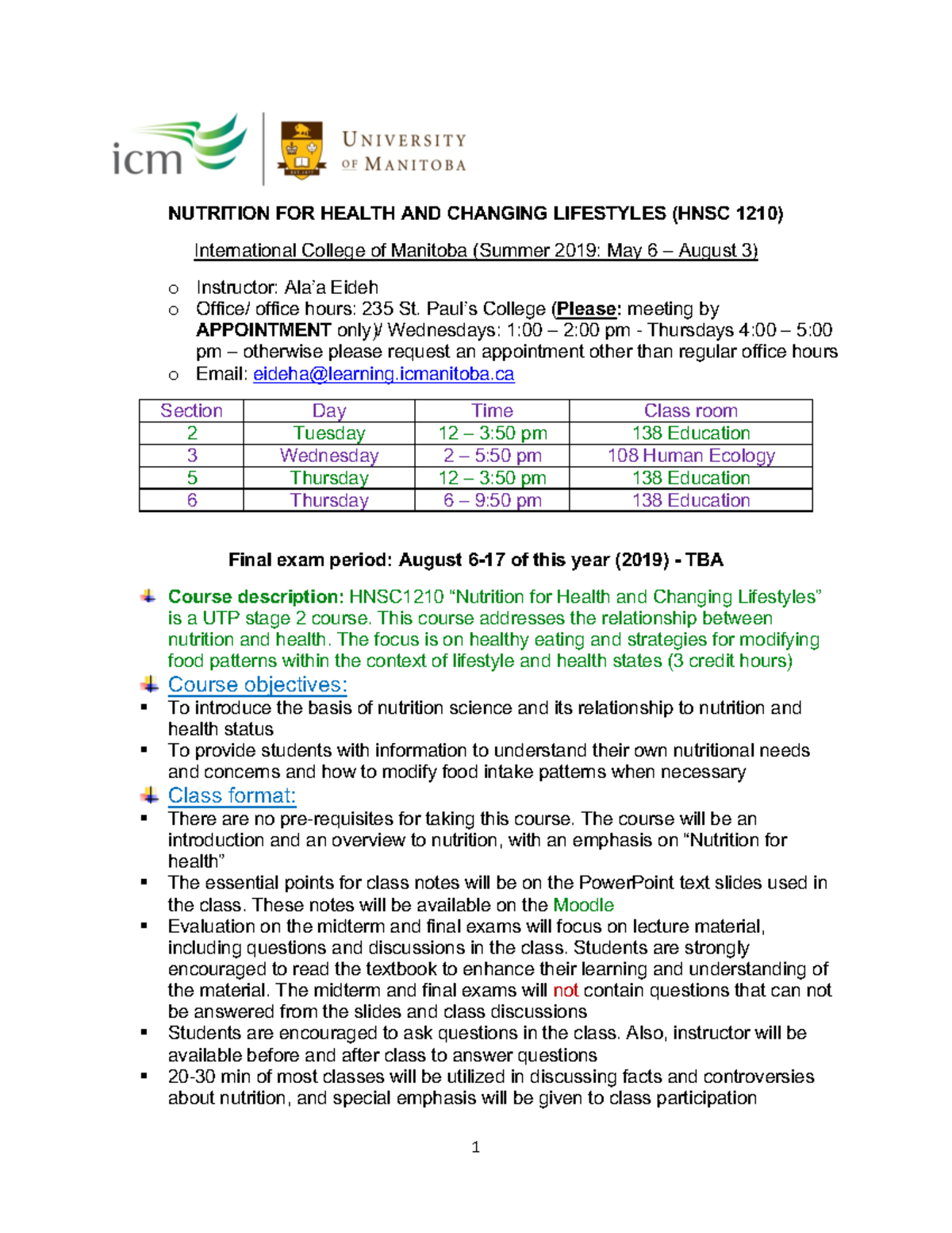 Summer 2019 course outline - ICM [ HNSC 1210 ] - NUTRITION FOR HEALTH ...