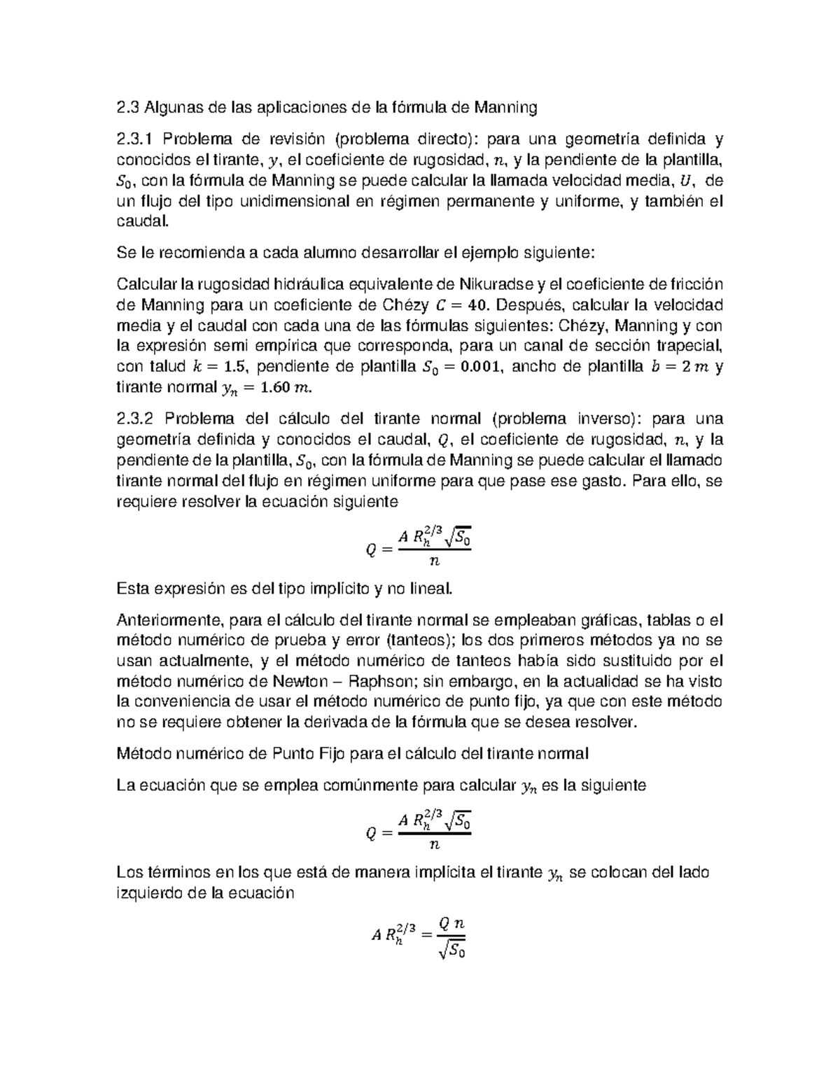 Ecuacion Maning y Aplicaciones - 2 Algunas de las aplicaciones de la fórmula de Manning 2.3 ...