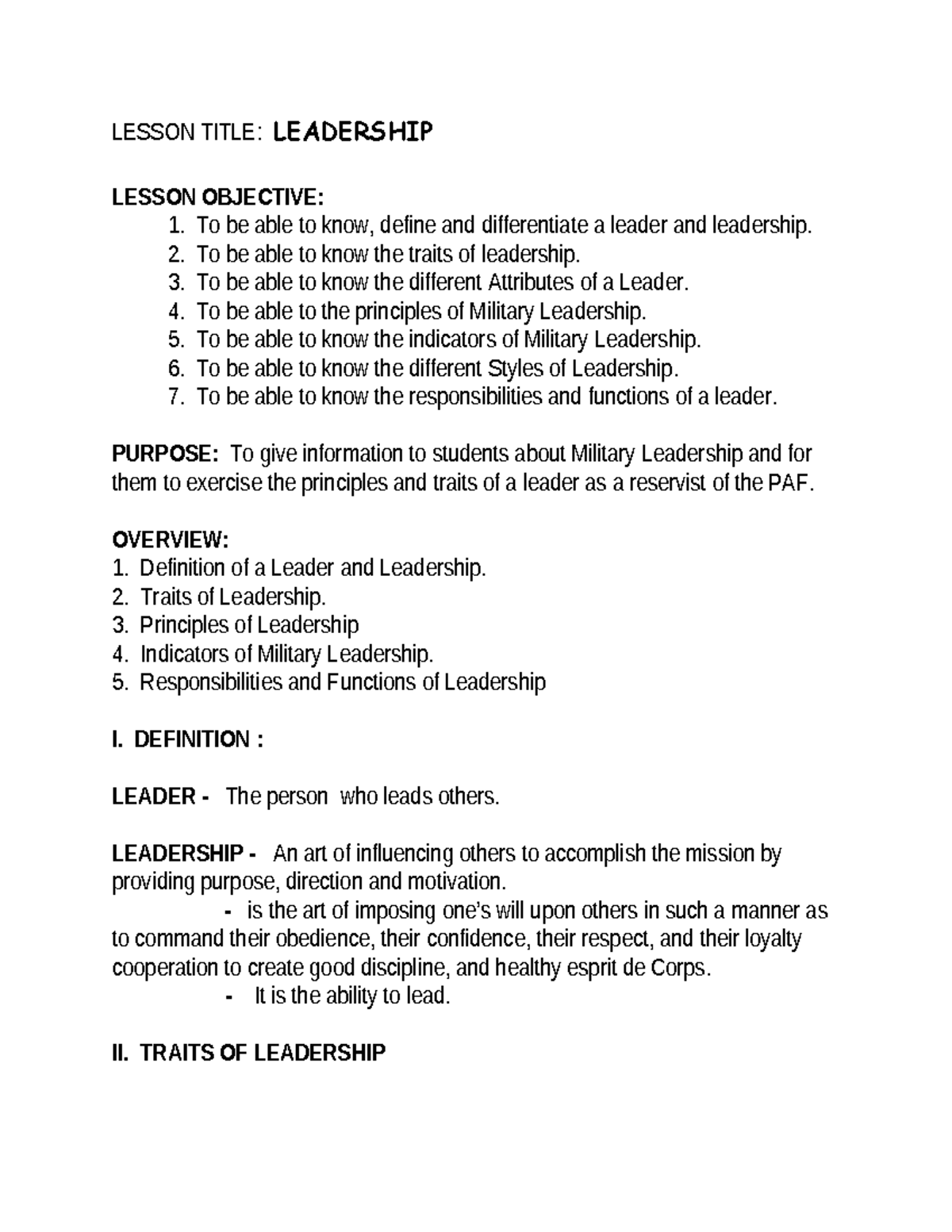 A- Principles OF Leadership - LESSON TITLE: LEADERSHIP LESSON OBJECTIVE ...