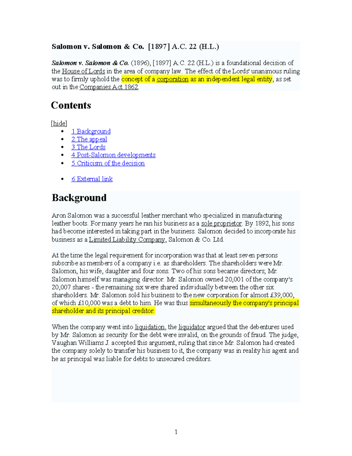 3850 Salomon v Salomon - Its the locus classicus case on the separate ...