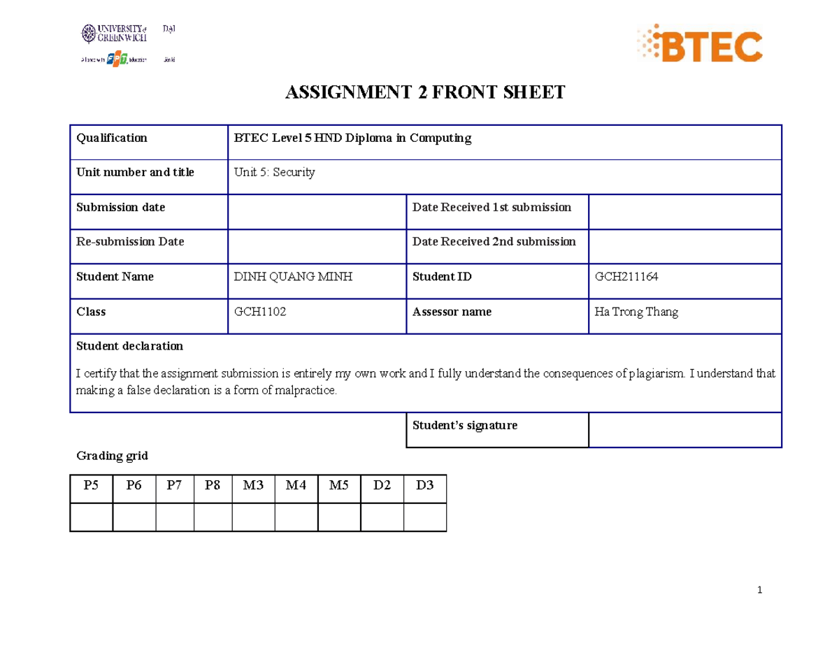 1 Unit 5 - Assignment 2 frontsheet - ASSIGNMENT 2 FRONT SHEET Qualification BTEC Level 5 HND ...