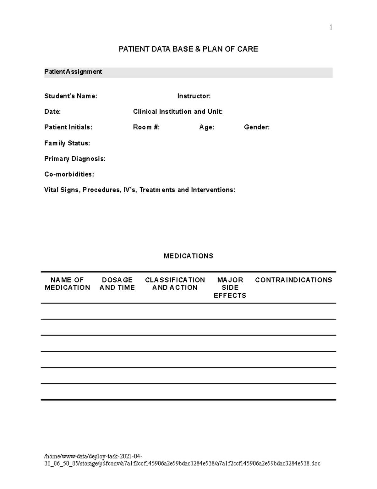 Blank Care Plan Full Version - 1 PATIENT DATA BASE & PLAN OF CARE ...