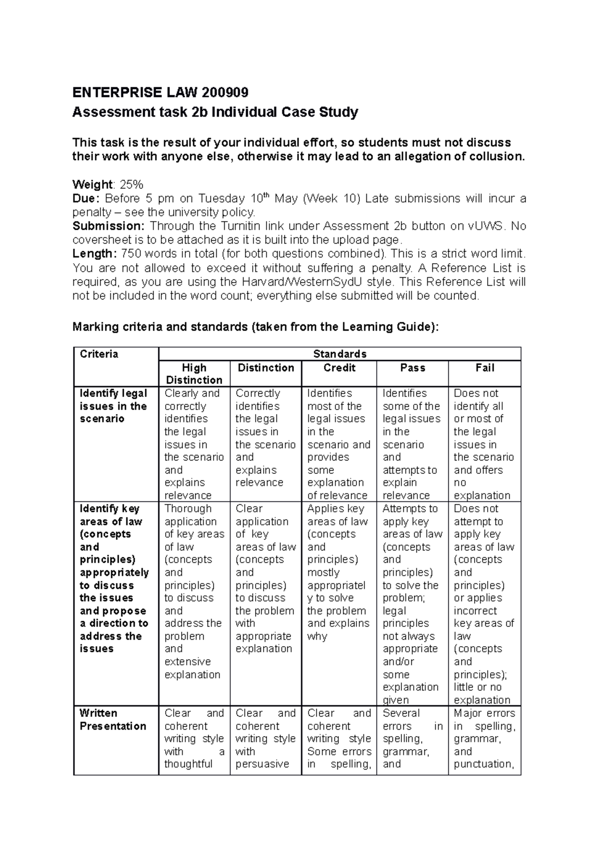 Indiv Case Study - ENTERPRISE LAW 200909 Assessment task 2b Individual ...