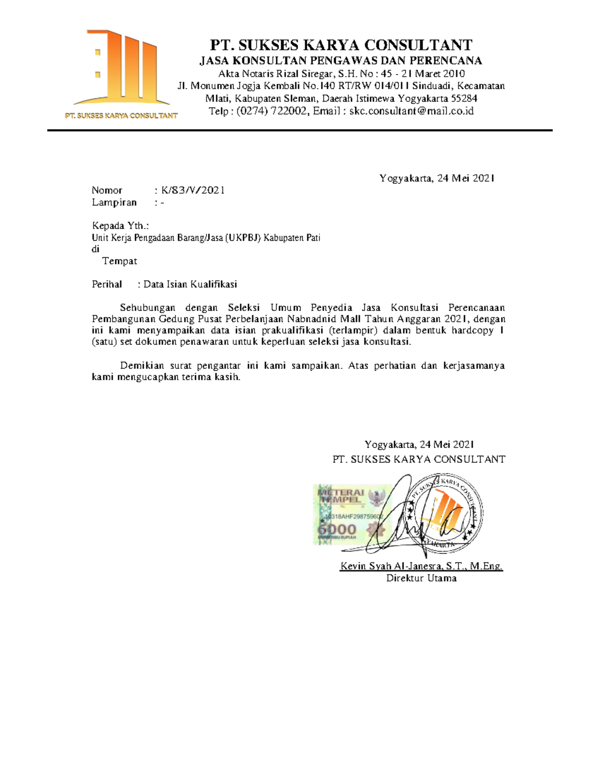 Dokumen Surat Pengantar - PT. SUKSES KARYA CONSULTANT JASA KONSULTAN ...