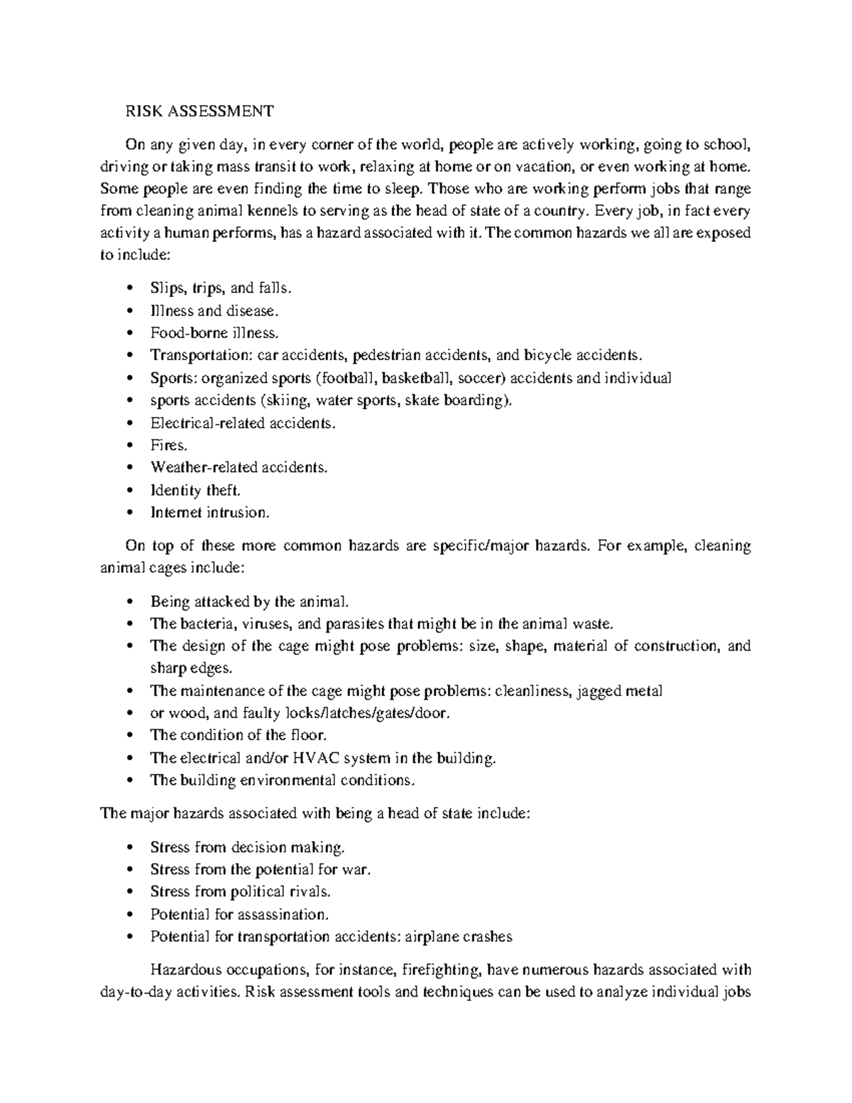 RISK Assessment - Risk materials - RISK ASSESSMENT On any given day, in ...