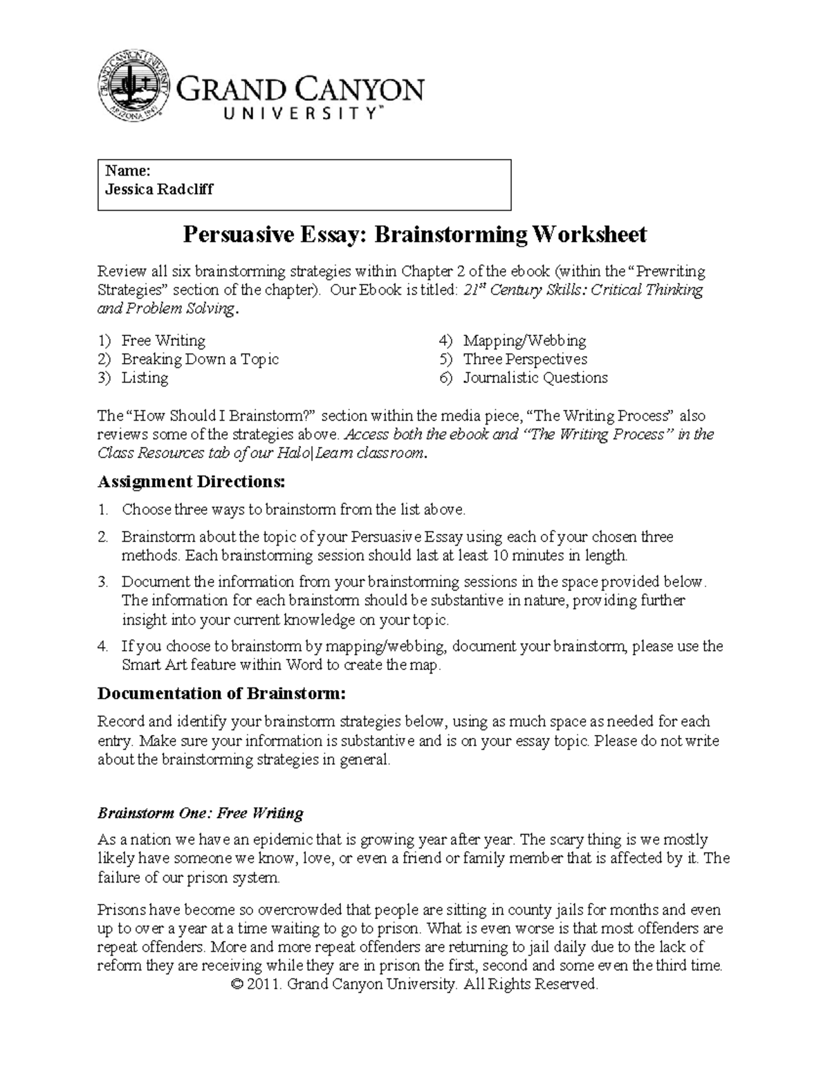 Jessica Radcliff Brainstorming Worksheet - Name: Jessica Radcliff ...