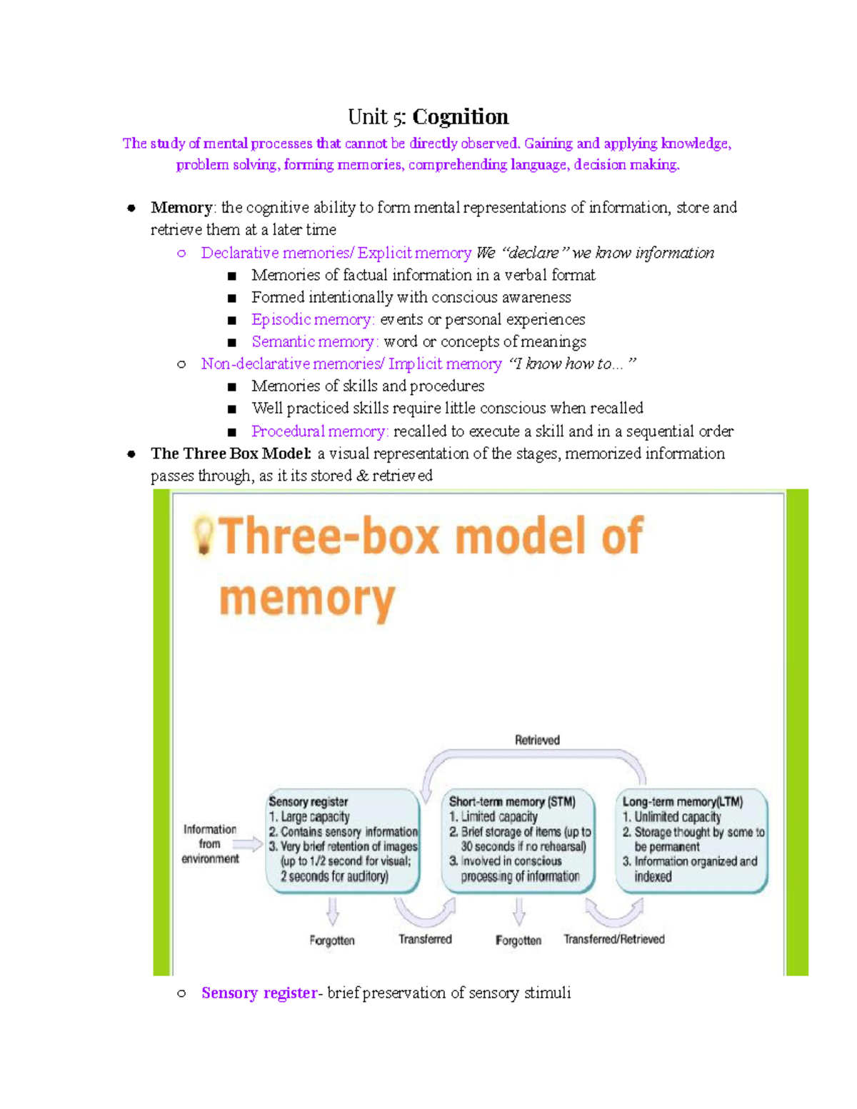 Unit 5 Psychology - Unit 5: Cognition The study of mental processes ...