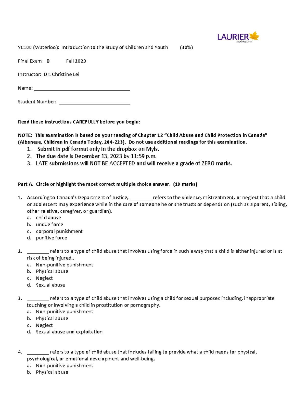 YC100.Final Exam.Fall 2023.Exam B - YC100 (Waterloo): Introduction to ...