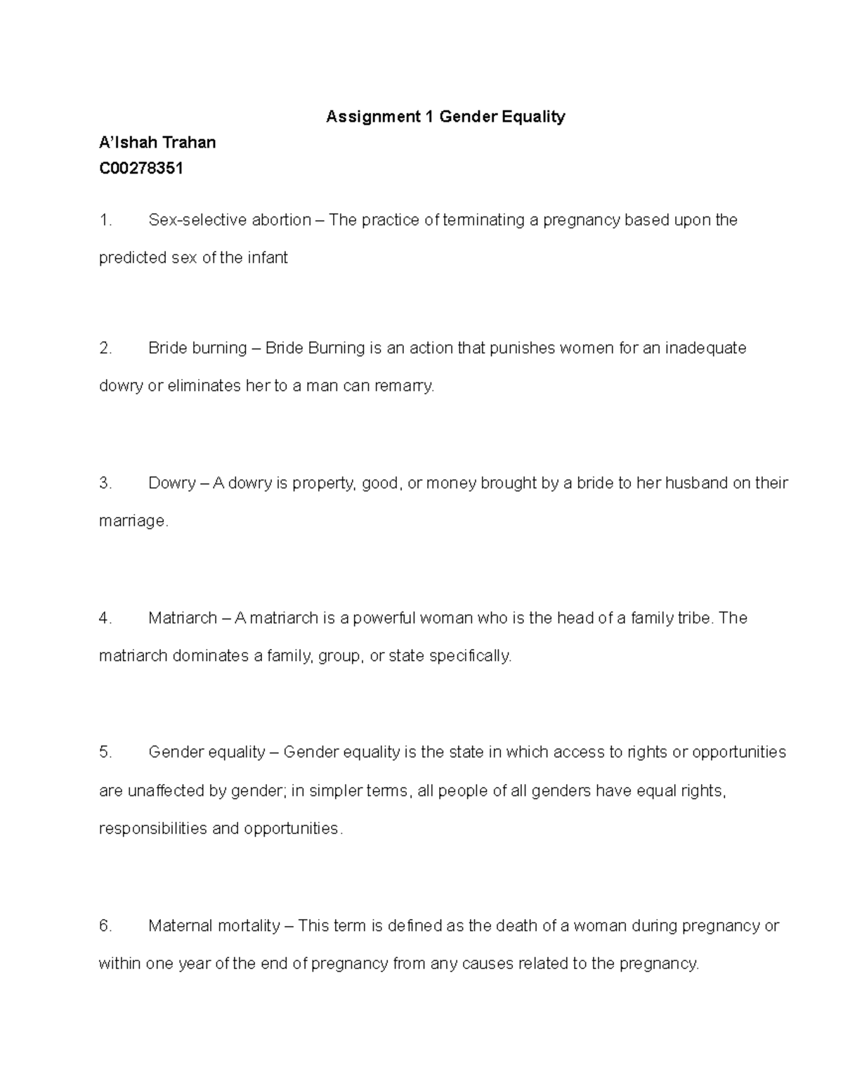 Assignment 1 Gender Equality - Assignment 1 Gender Equality A’Ishah ...