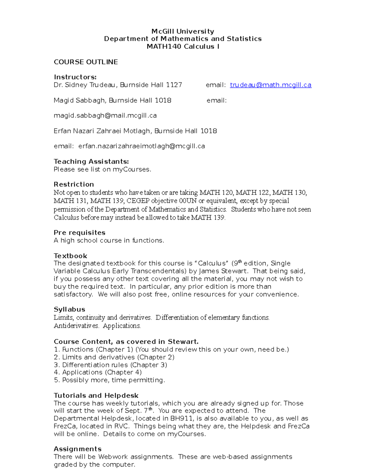 Math 140 syllabus - McGill University Department of Mathematics and ...