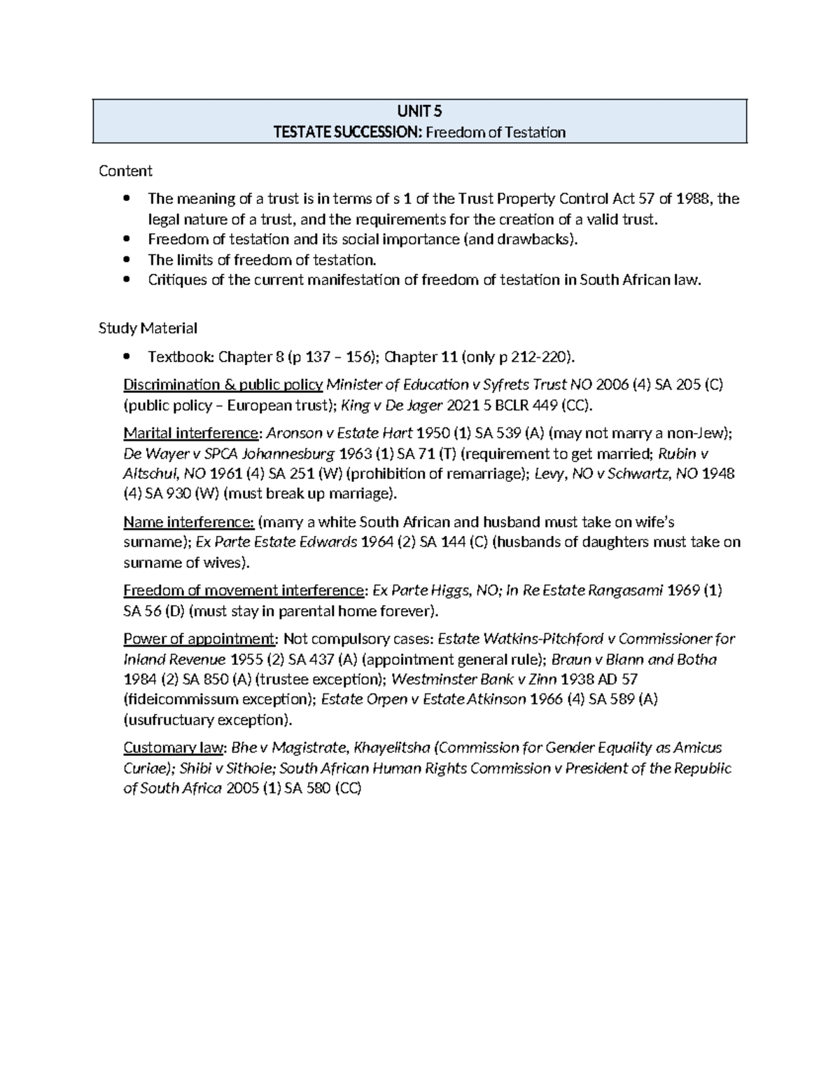 UNIT 5 Outline - UNIT 5 TESTATE SUCCESSION: Freedom of Testation ...