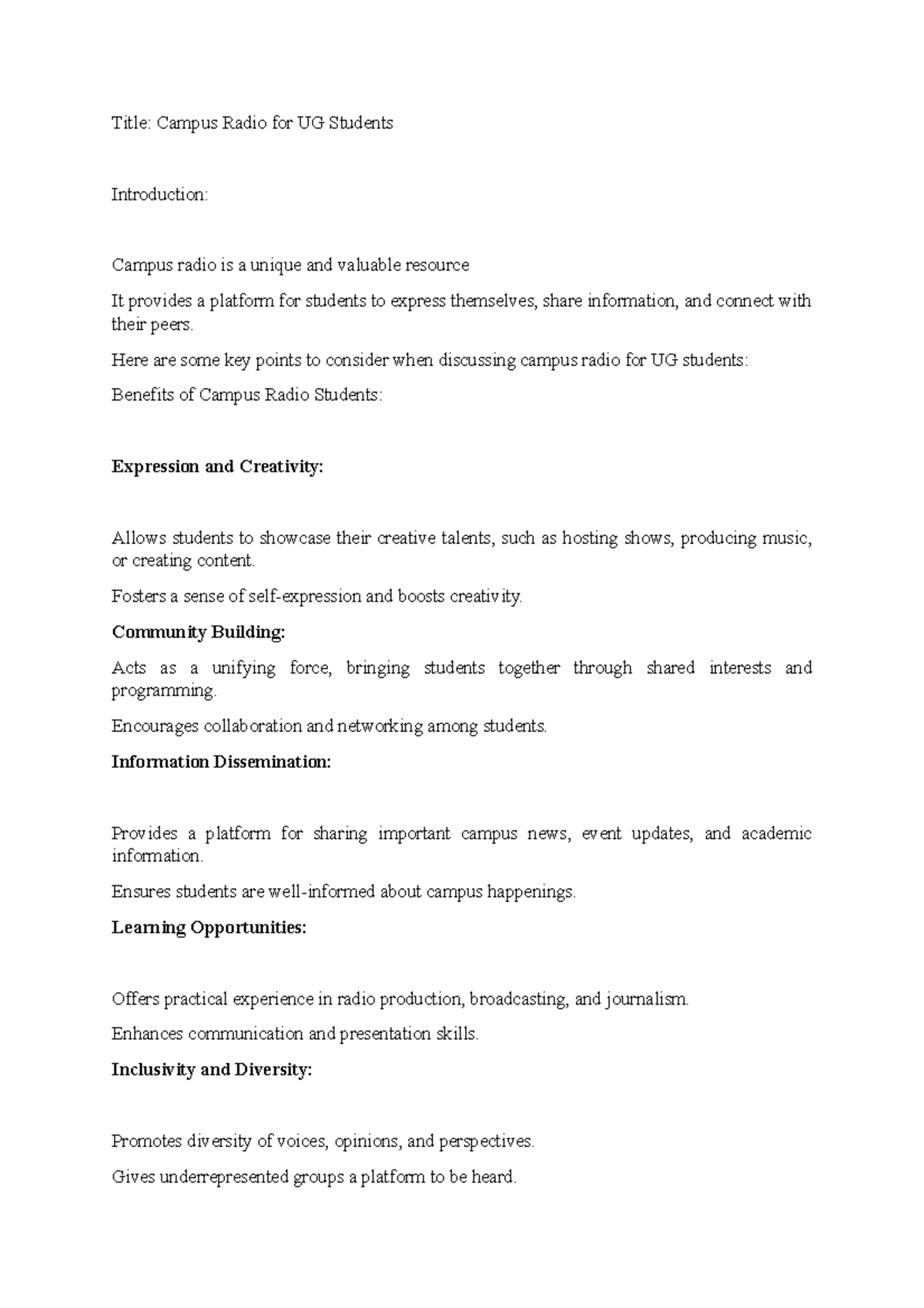 Campus Radio - Assignment - Title: Campus Radio for UG Students ...