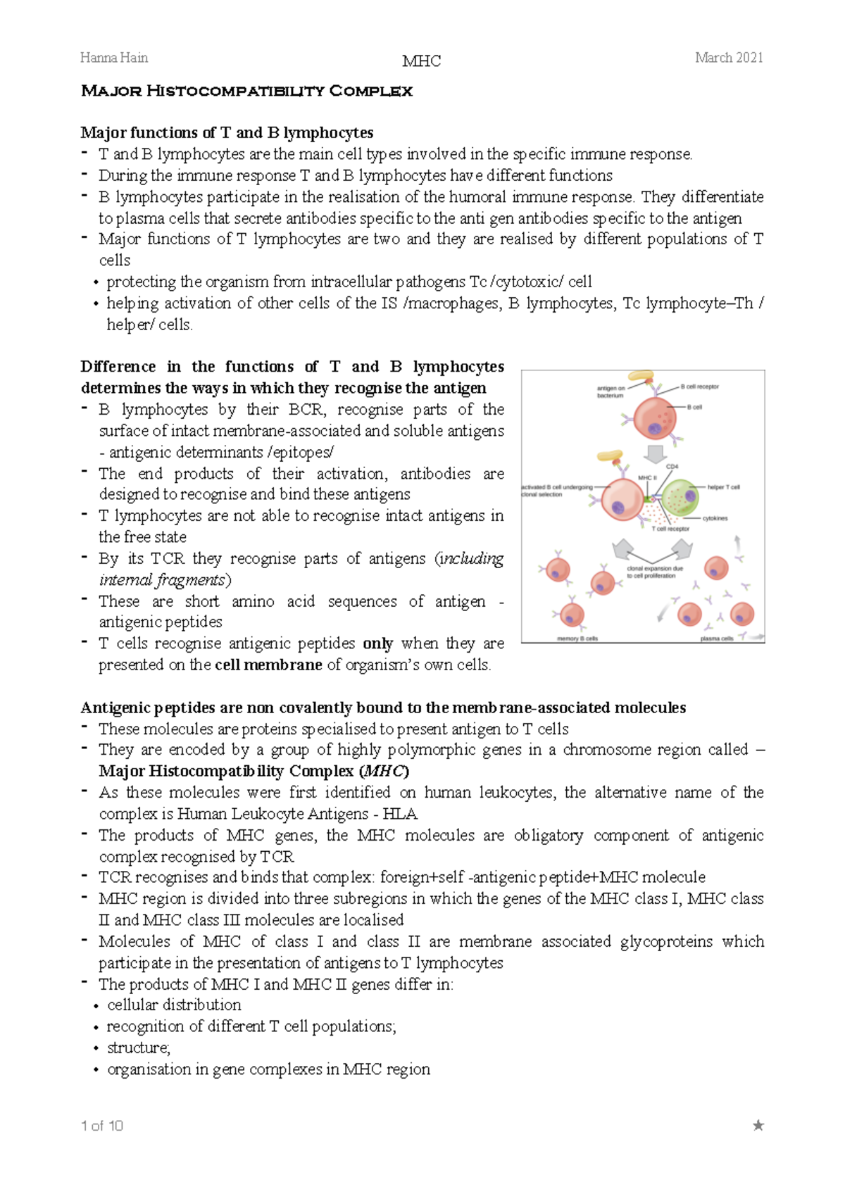 Immune System - MHC - Major Histocompatibility Complex Major functions ...
