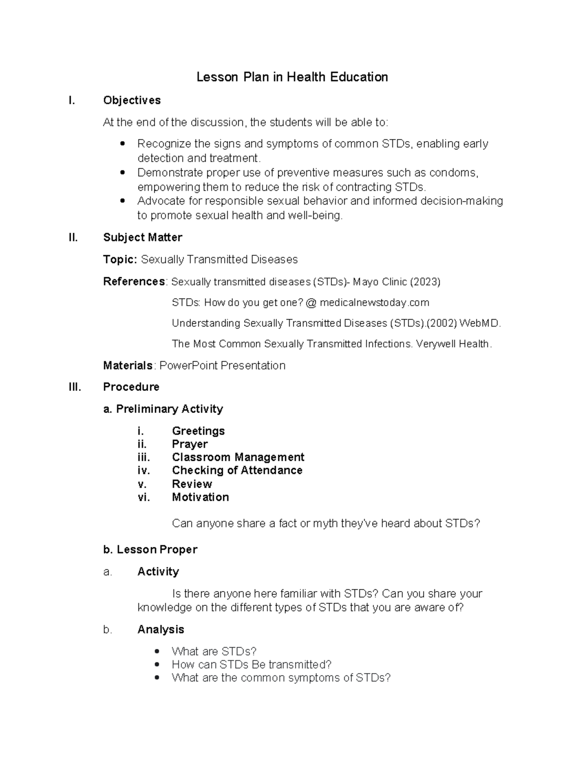Lesson Plan in Sexually Transmitted Diseases - Copy - Lesson Plan in ...