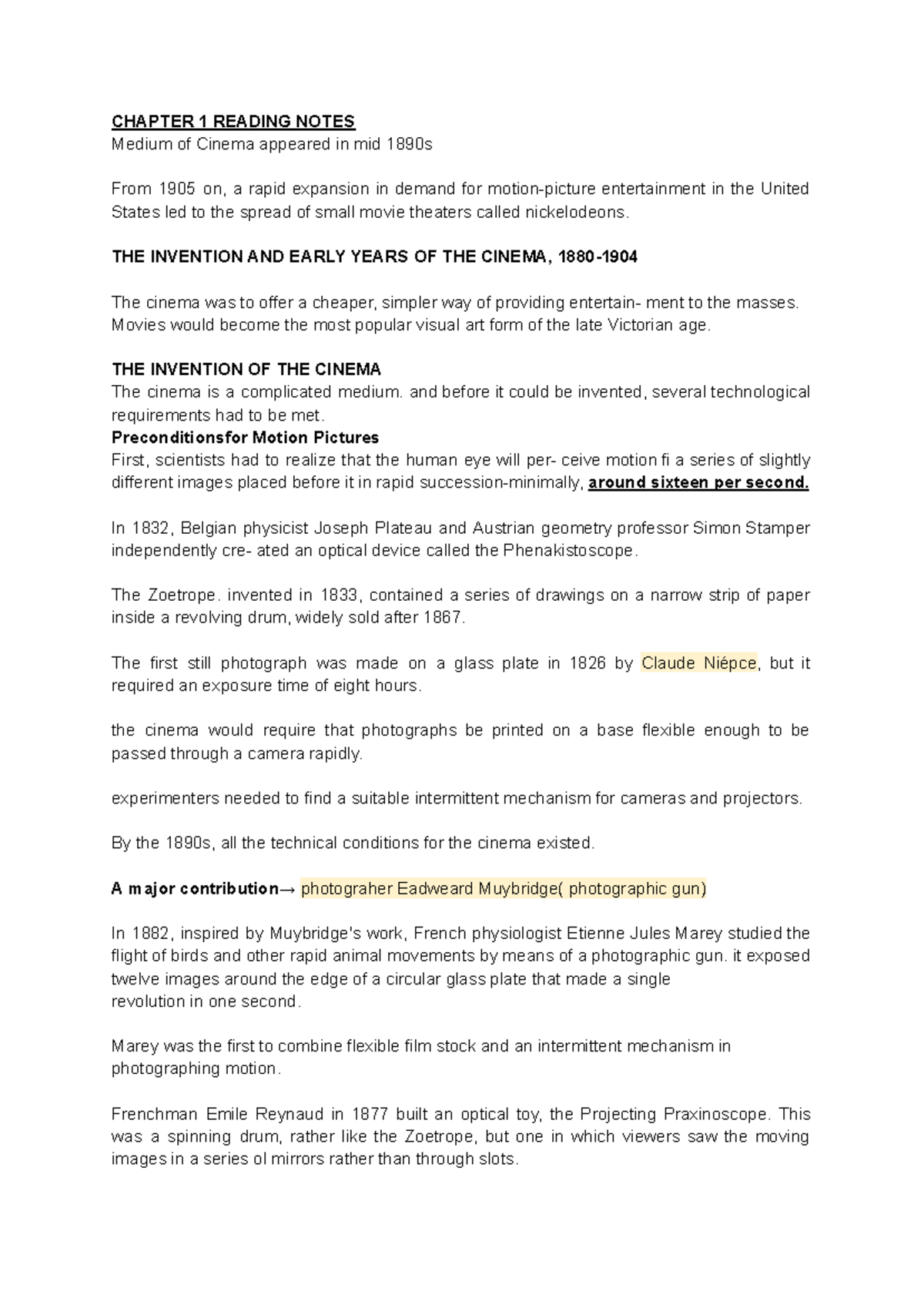 Intro to Cinema Chapter 1 - CHAPTER 1 READING NOTES Medium of Cinema ...