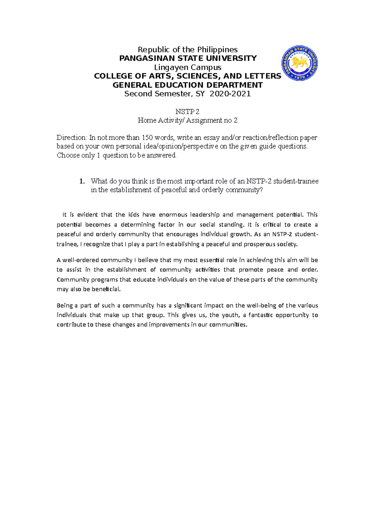 Nstp assignment activity 2 - Republic of the Philippines PANGASINAN ...