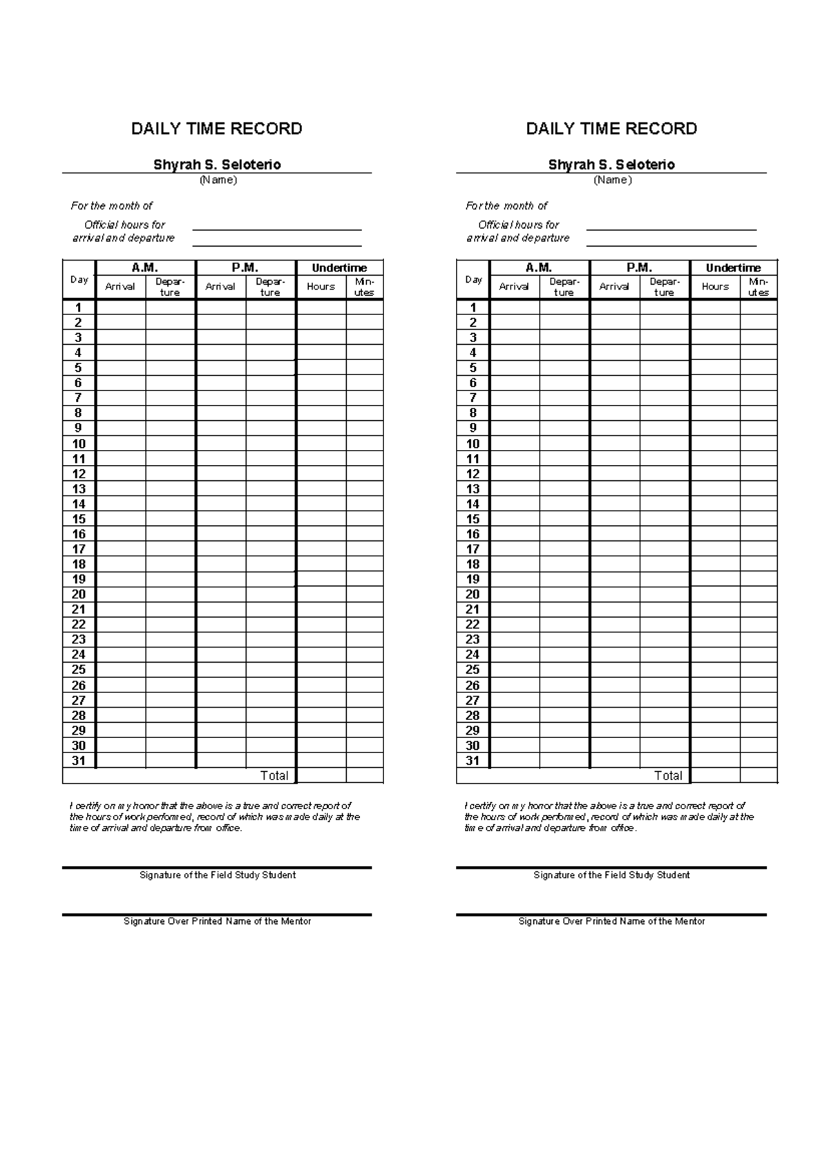 Daily-Time-Record-DTR-FOR-FS - DAILY TIME RECORD Shyrah S. Seloterio ...