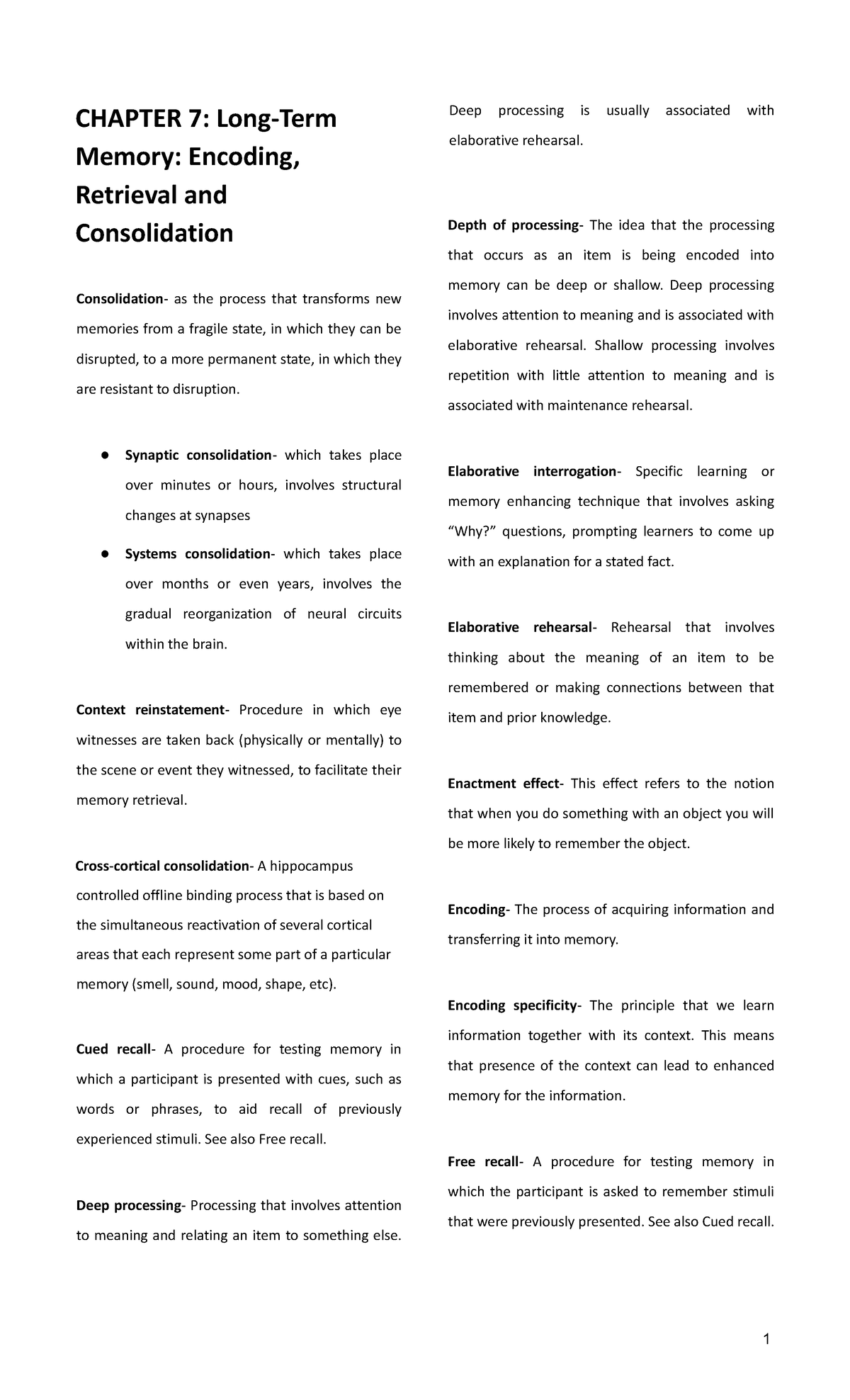 Semi Cogpsych Reviewer 1 - CHAPTER 7: Long-Term Memory: Encoding, Retrieval and Consolidation ...