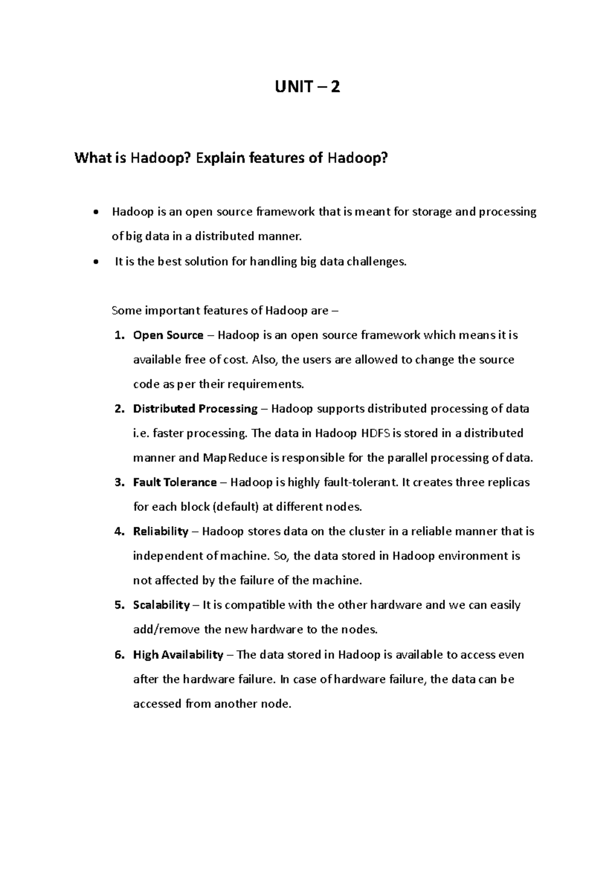 Unit 2a Bda Unit 2 What Is Hadoop Explain Features Of Hadoop Hadoop Is An Open 