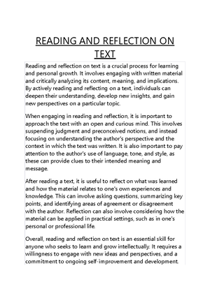 Reading AND Reflection ON TEXT - READING AND REFLECTION ON TEXT Reading ...