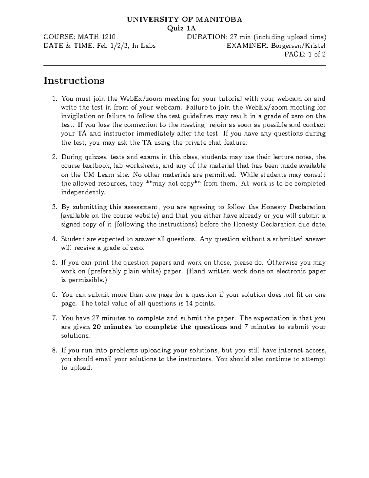 W21Quiz1 - Techniques Of Classical And Linear Algebra course material ...