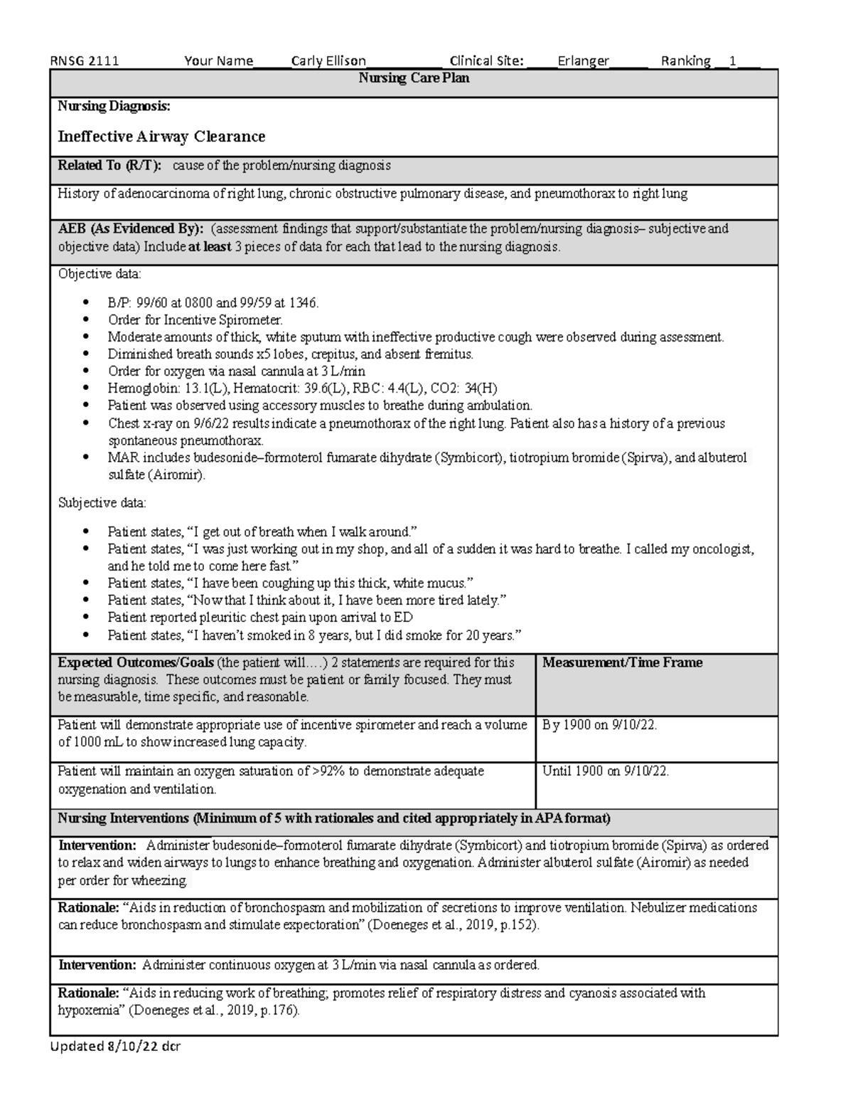 Ineffective airway clearance - RNSG 2111 Your Name_____Carly Ellison ...