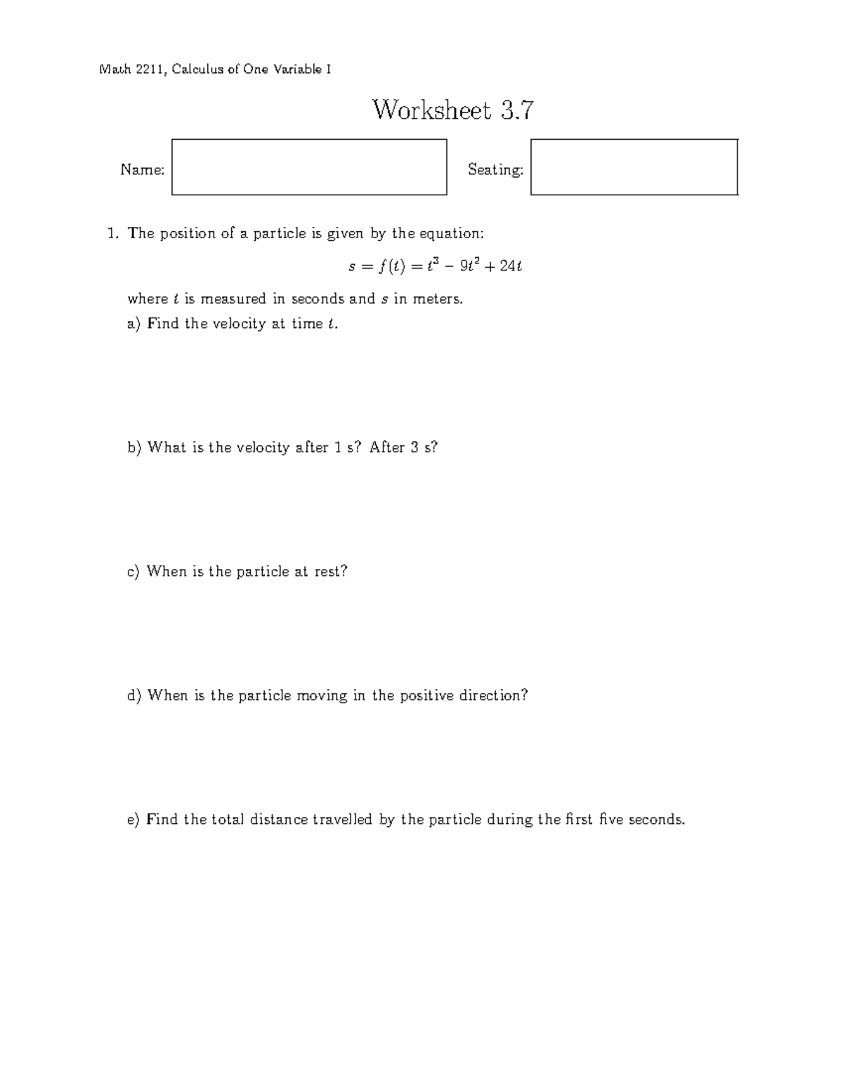 Worksheet 3 - Workseet on Calculus - Math 2211, Calculus of One ...